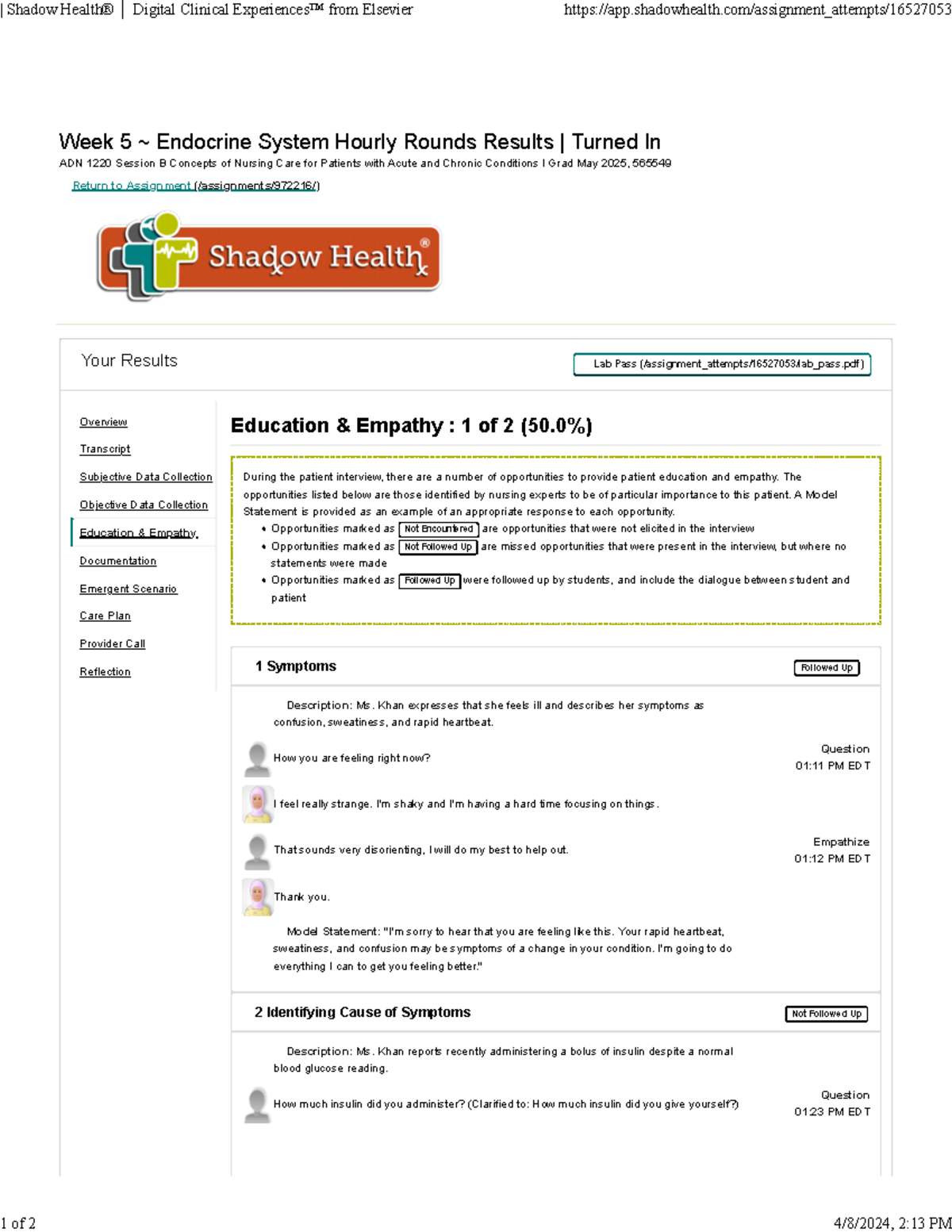 Shadow Health Patient Fatima Khan Education & Empathy - Week 5 ...