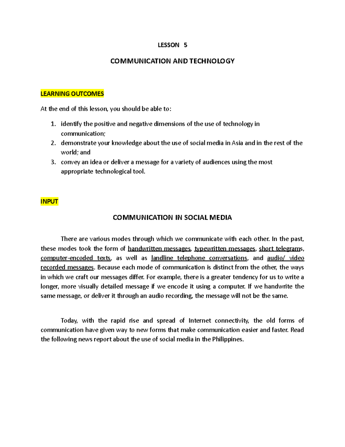 PC-Lesson 5 Communication and Technology - LESSON 5 COMMUNICATION AND ...