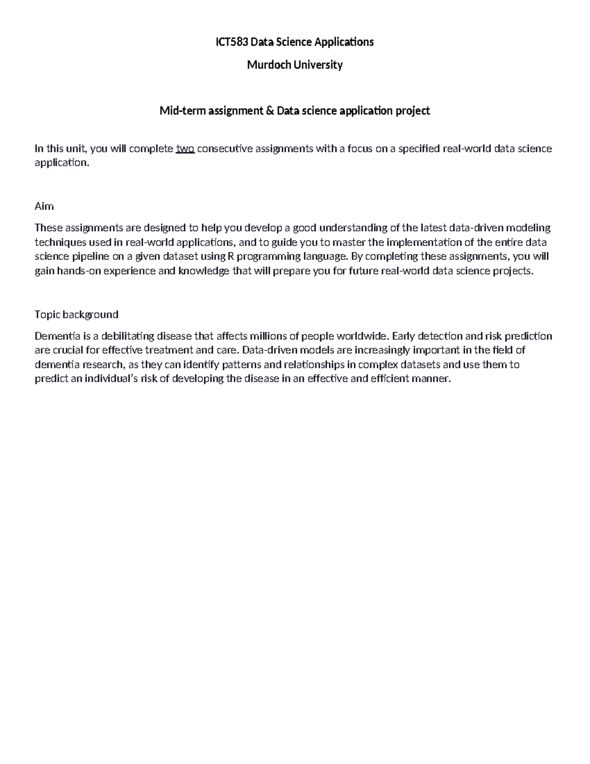 ICT583 assignment - asd - ICT583 Data Science Applications Murdoch University Mid-term ...
