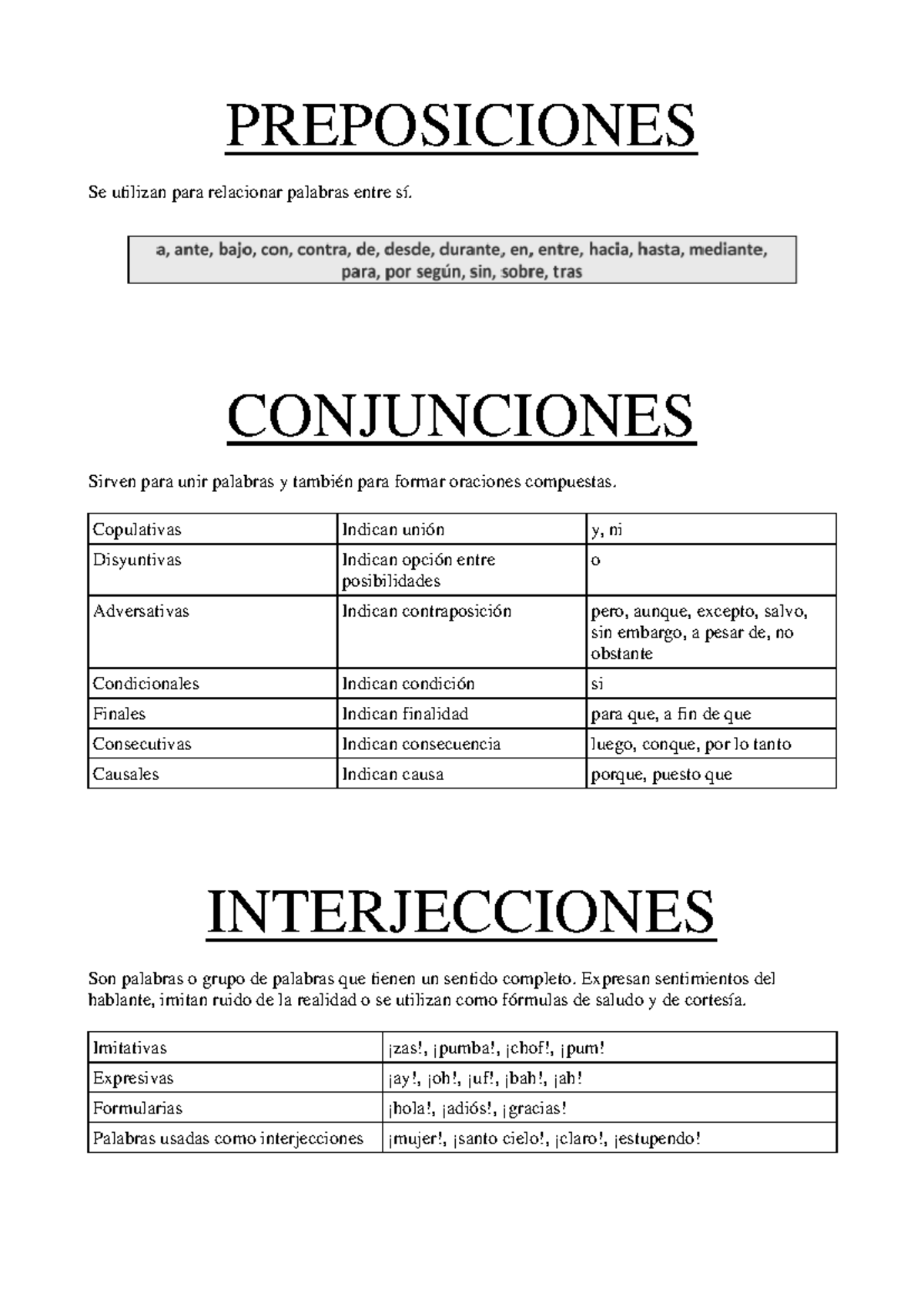 Preposiciones - Conjunciones - Interjecciones - PREPOSICIONES Se utilizan para relacionar ...