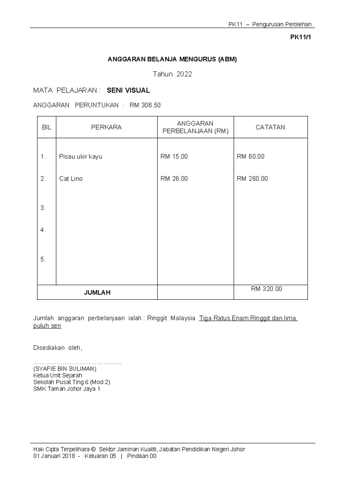 Borang ABM seni visual 2022 - PK11 – Pengurusan Perolehan PK11/ ANGGARAN BELANJA MENGURUS (ABM ...