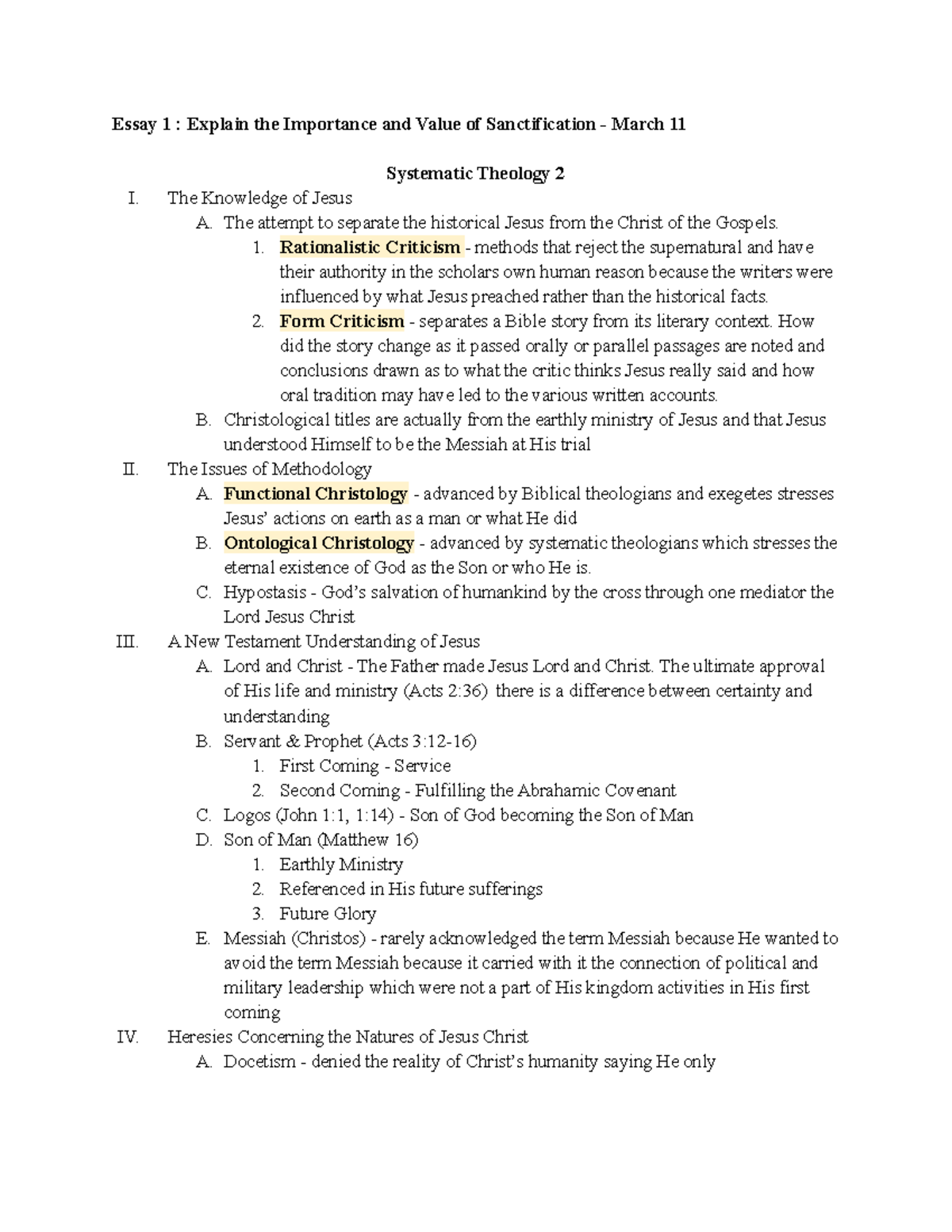 Systematic Theology II - Class Notes - Junior Year - Essay 1 : Explain ...