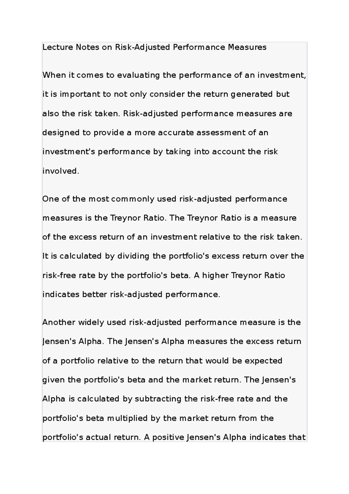 Lecture Notes on Risk-Adjusted Performance Measures - Risk-adjusted ...