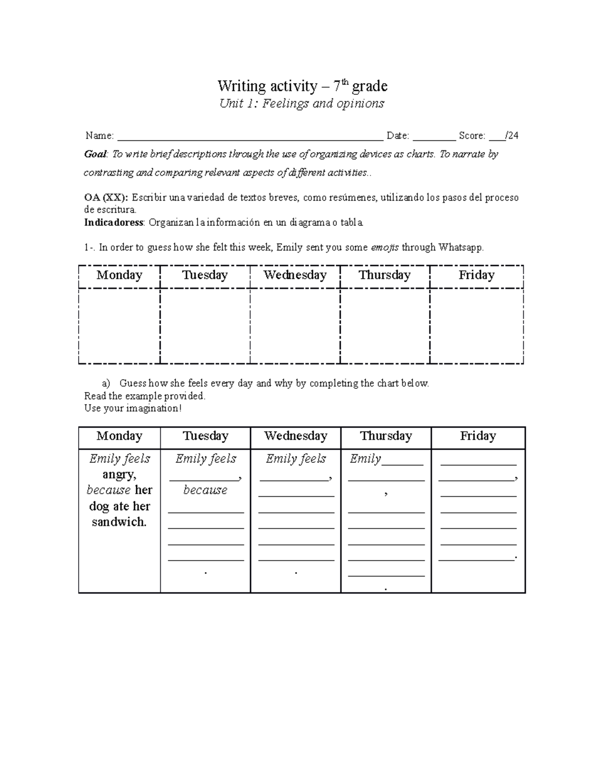 Feelings writing - uys - Writing activity – 7 th grade Unit 1: Feelings ...