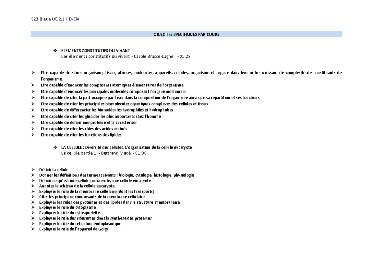 S23 Bleue Objectifs Specifiques PAR Cours - OBJECTIFS SPECIFIQUES PAR ...