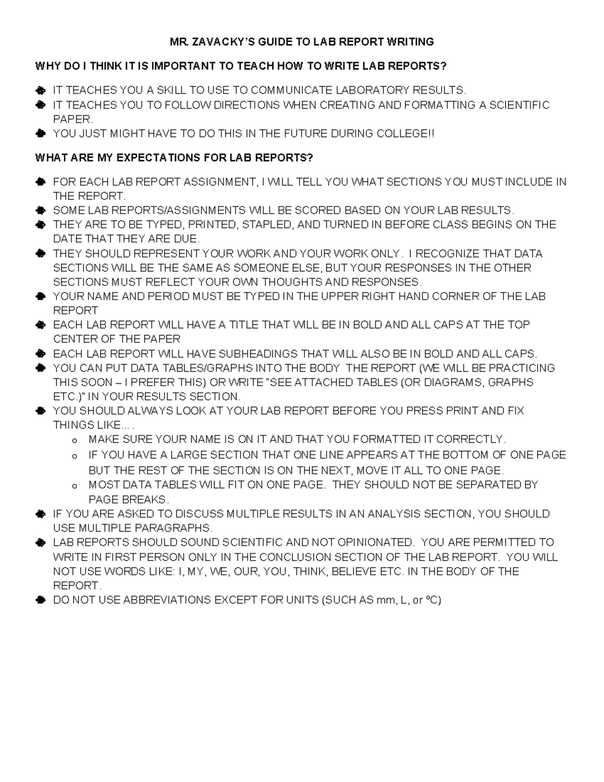 Lab report writing - MR. ZAVACKY’S GUIDE TO LAB REPORT WRITING WHY DO I ...