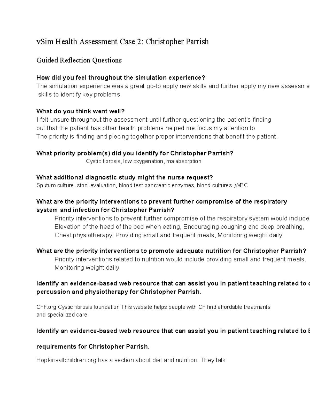 Vsim christopher parrish - vSim Health Assessment Case 2: Christopher Parrish Guided Reflection ...