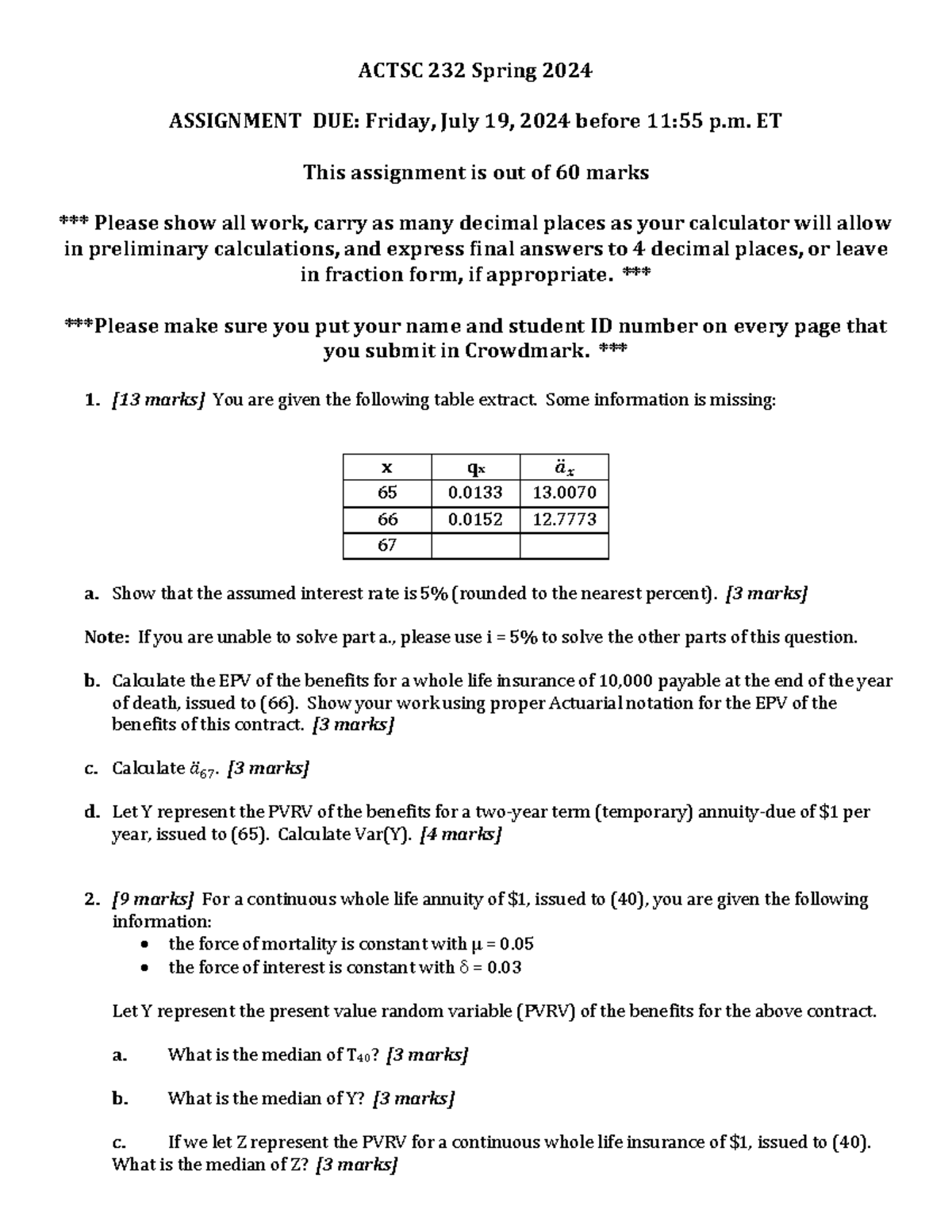 Assignment 3 Life annuities, premium calculation - ACTSC 232 Spring ...