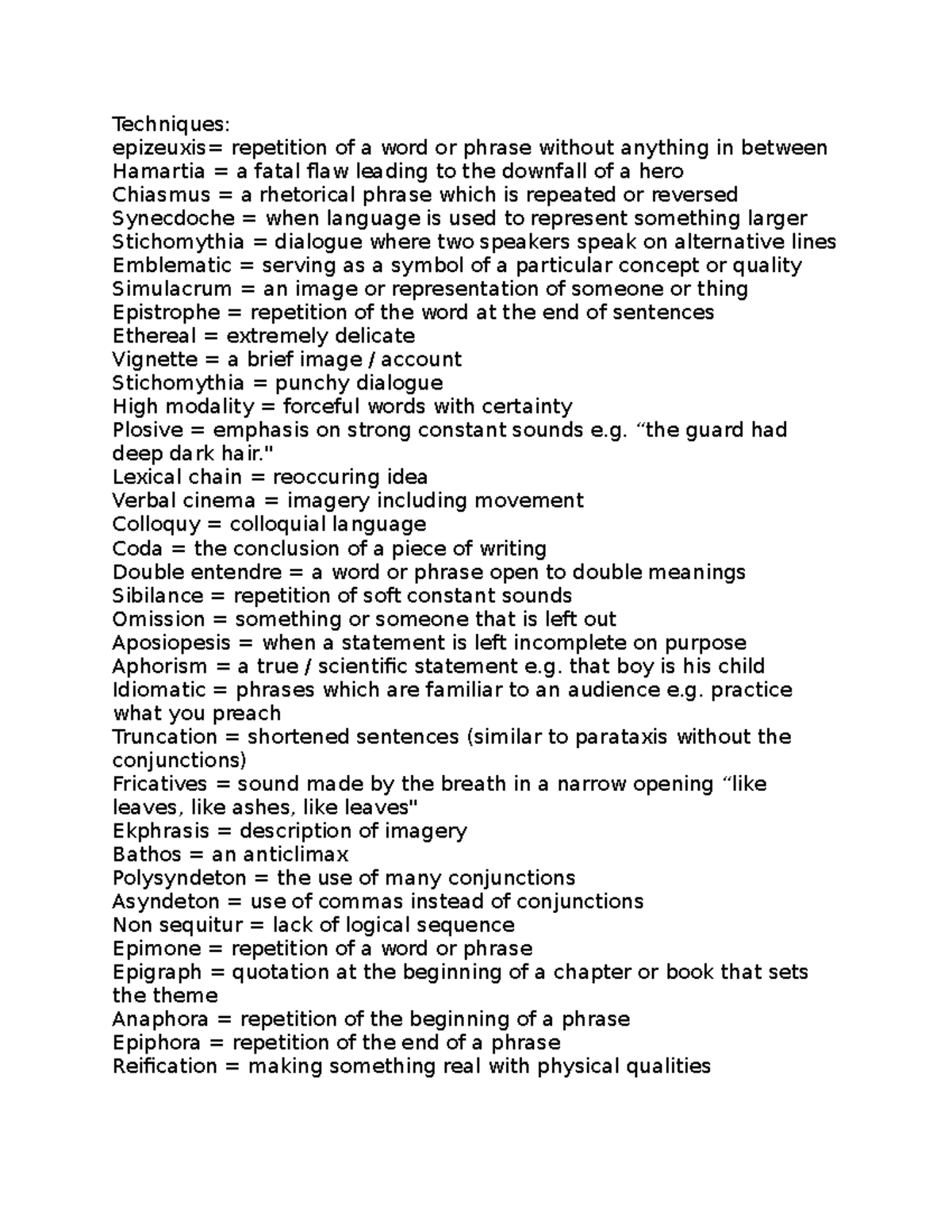 Techniques - Techniques: epizeuxis= repetition of a word or phrase ...