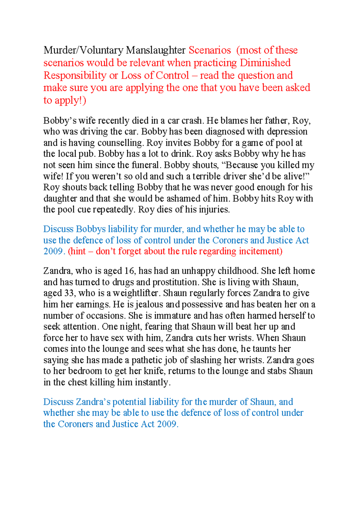 Voluntary Manslaughter scenarios - Murder/Voluntary Manslaughter ...