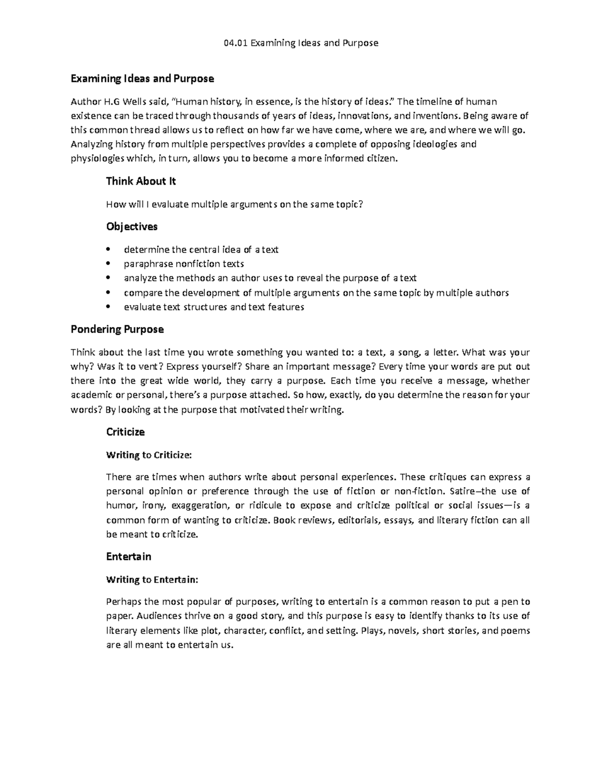 04.01 Examining Ideas and Purpose - Examining Ideas and Purpose Author ...