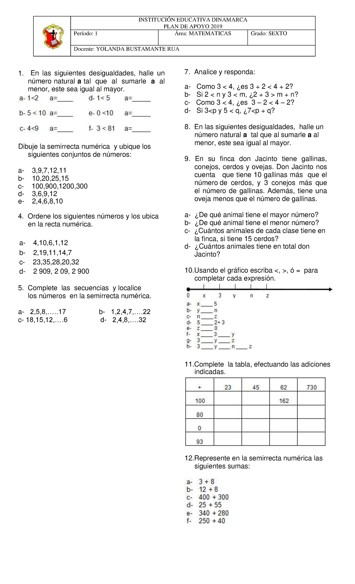 Matematicas Grado 6 Yolanda R - 1. En las siguientes desigualdades ...