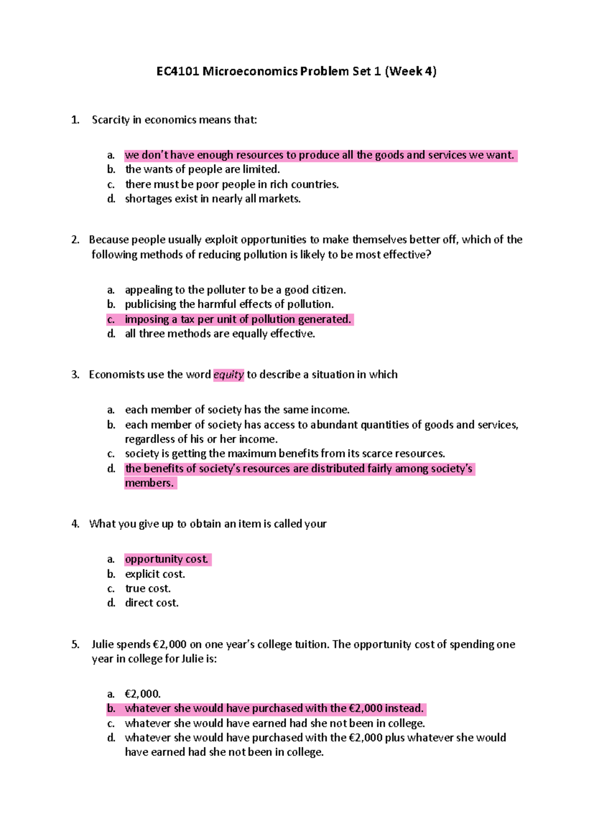 EC4101 Tutorial Problem Set Week 4 - EC4101 Microeconomics Problem Set 1 (Week 4) Scarcity in ...