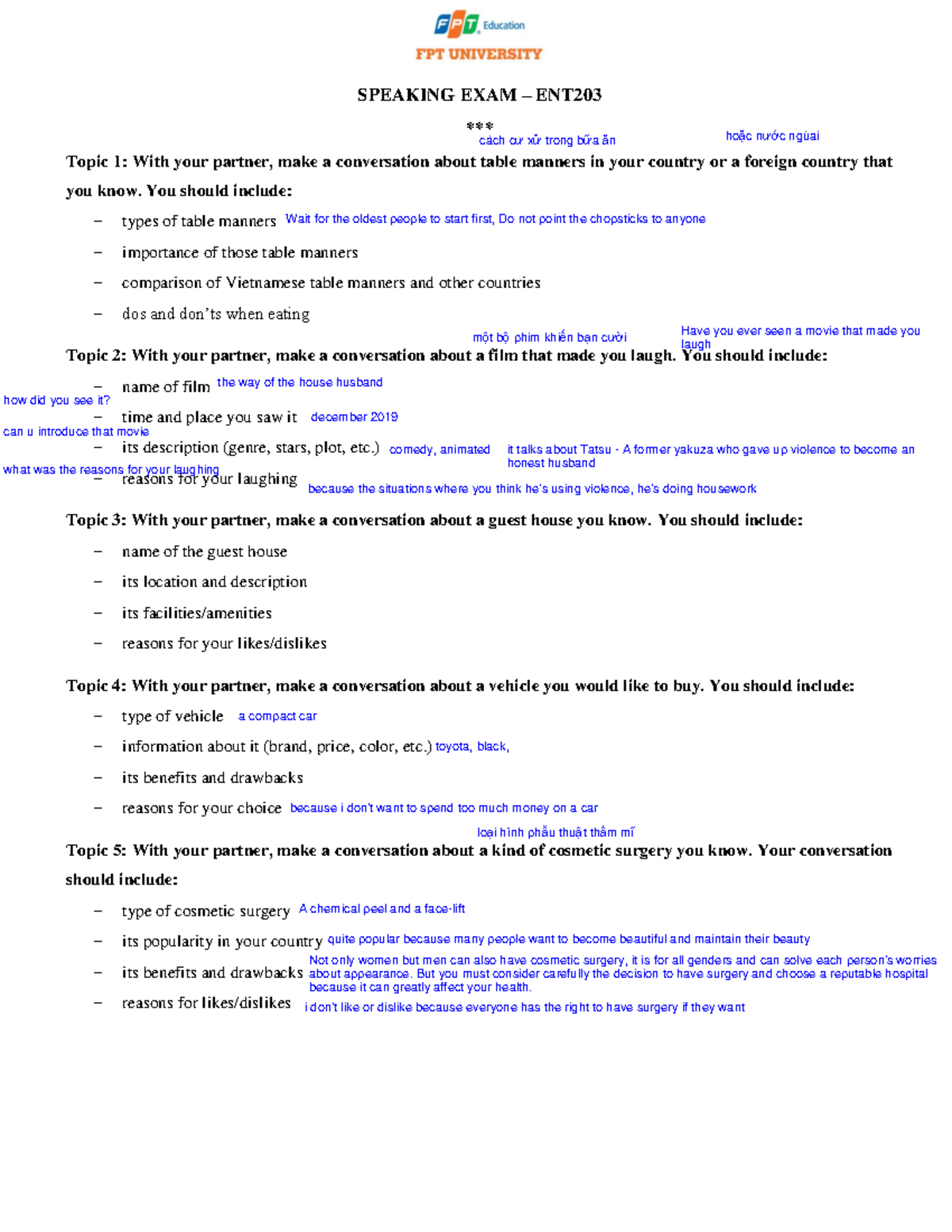 ENT203 SP24 H1 FE Speaking Topics SV - SPEAKING EXAM – ENT 203 ...