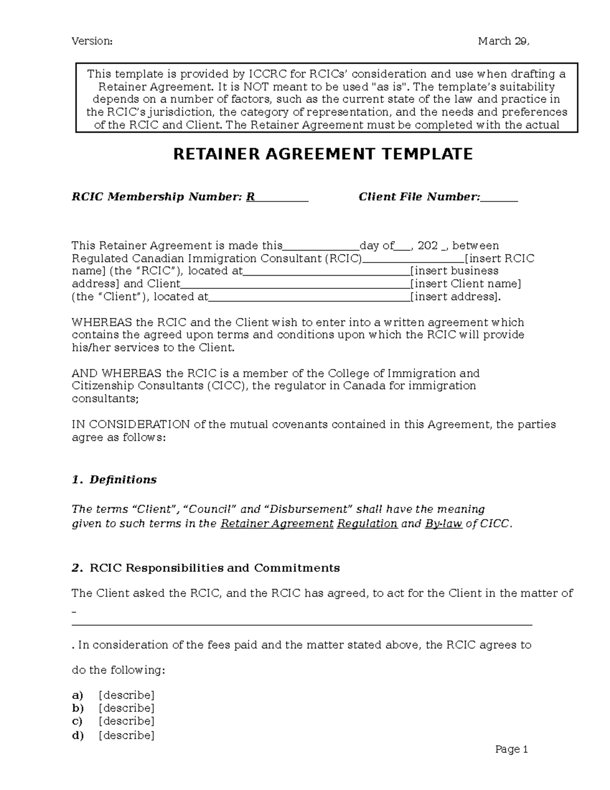 ICL890 Final Poject Part 1 General Retainer Agreement Template V ...