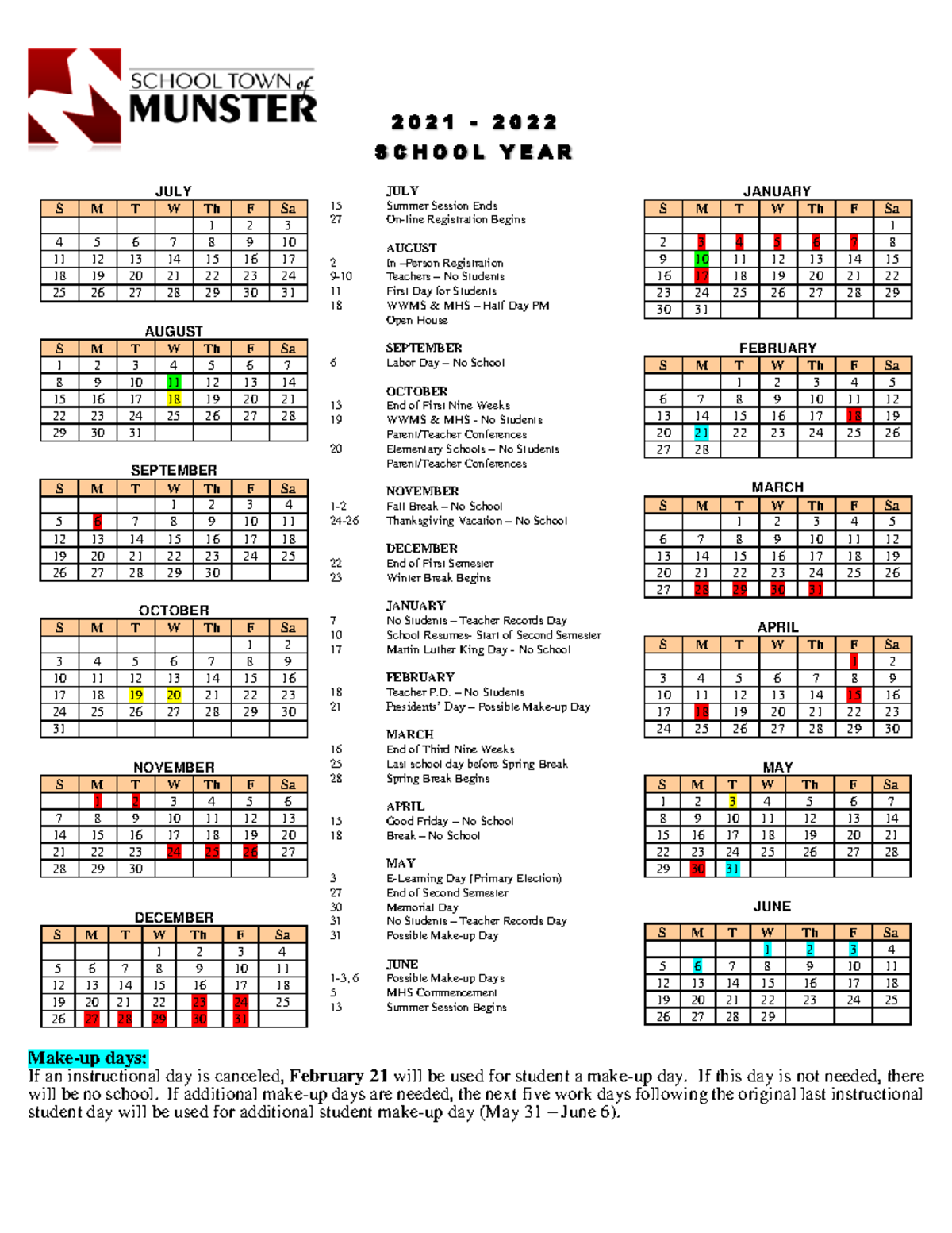 2021-2022 Academic Calendar - 2021 - 2022 SCHOOL YEAR JULY S M T W Th F ...