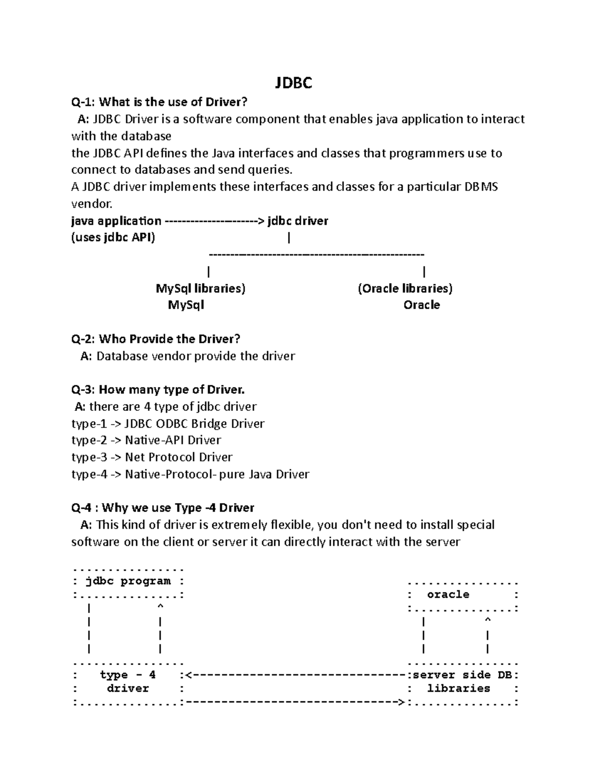 JDBC - java notes - JDBC Q-1: What is the use of Driver? A: JDBC Driver ...
