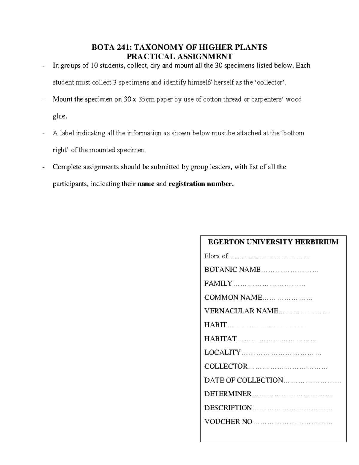 Taxonomy Assignment - am 3rd year student - BOTA 241: TAXONOMY OF ...