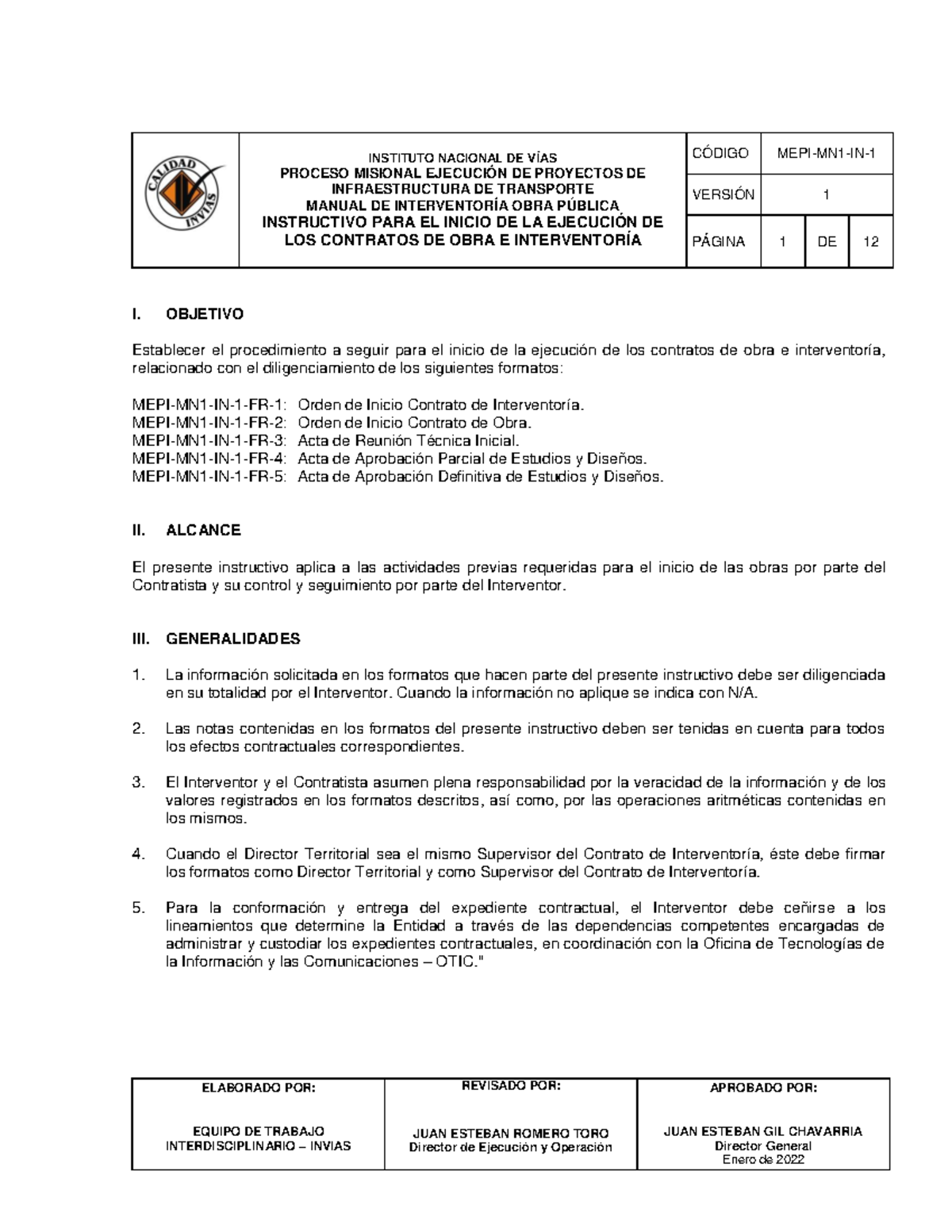 MEPI-MN1-IN-1 Inicio Ejecucion CTO OBR - INV - INSTITUTO NACIONAL DE VÍAS PROCESO MISIONAL ...