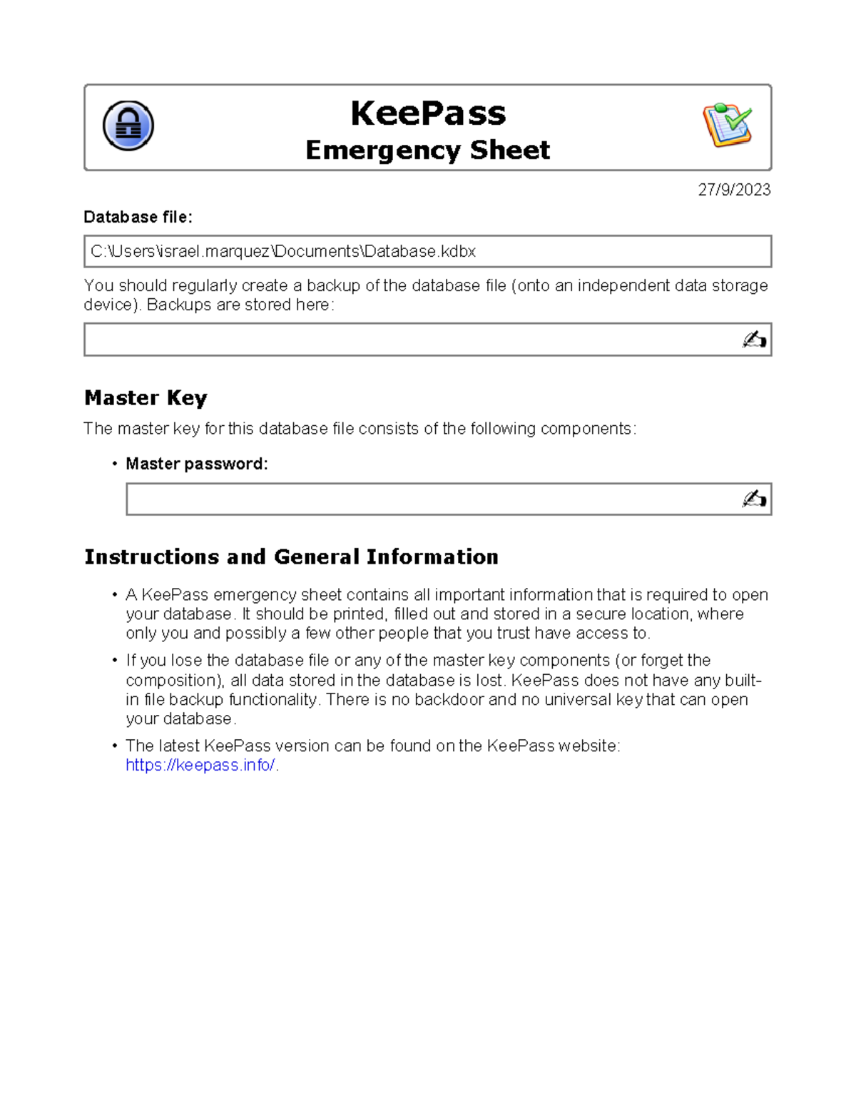 Keepass - KeePass Emergency Sheet 27/9/ Database file: C:\Users\israel\Documents\Database You ...