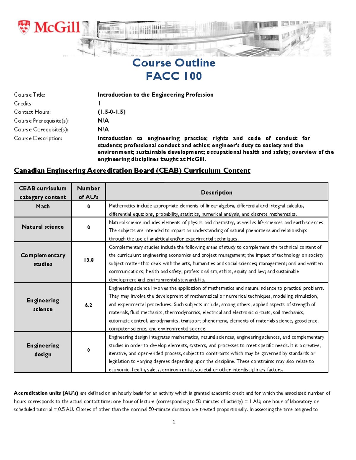 FACC 100 Course Outline Winter 2022 Section 1 - 1 Course Outline FACC ...