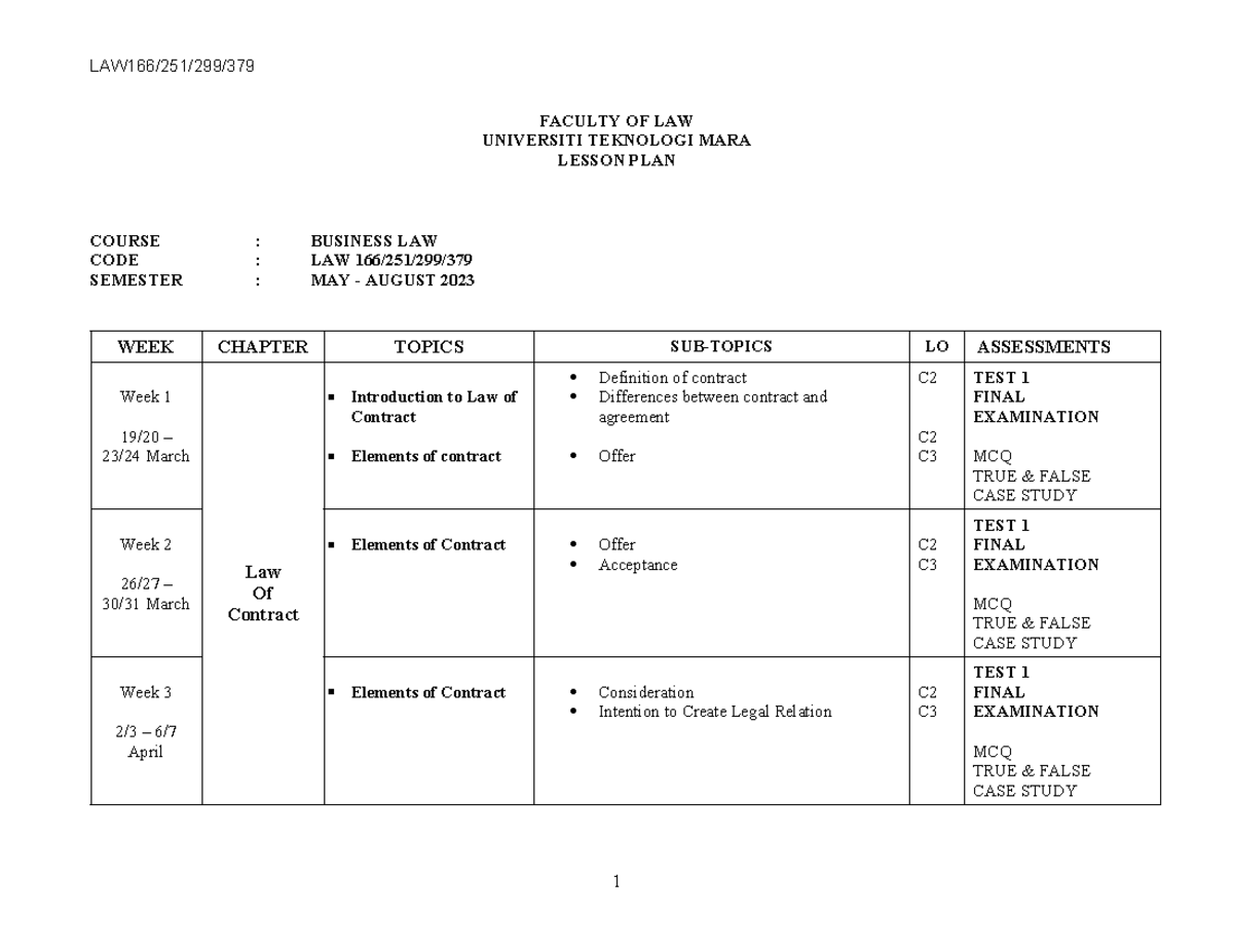 Lesson PLAN LAW299 MAC - JULY 2023 - FACULTY OF LAW UNIVERSITI ...