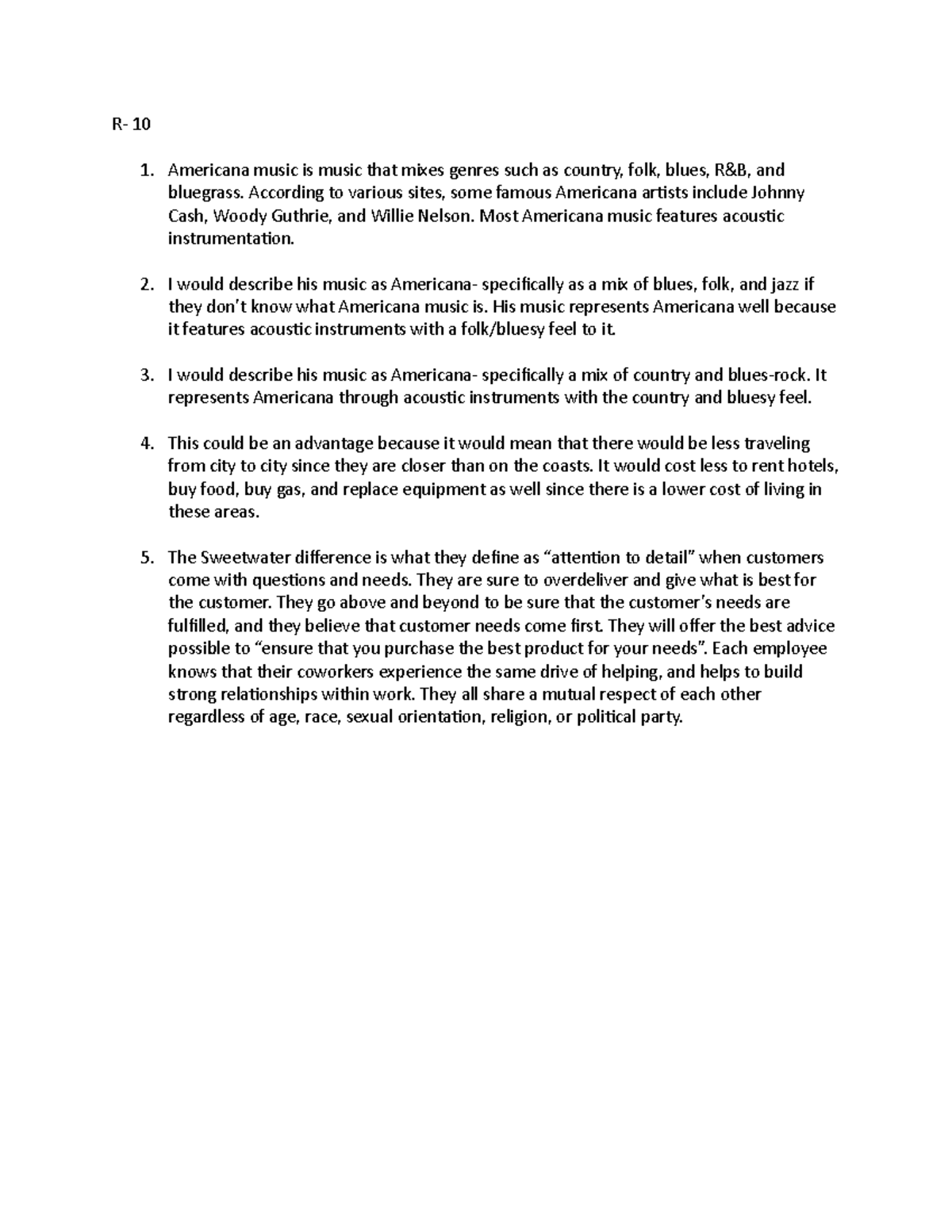 R-10 - Reading Assignment #10 with Dr. Willey. - R- 10 Americana music ...