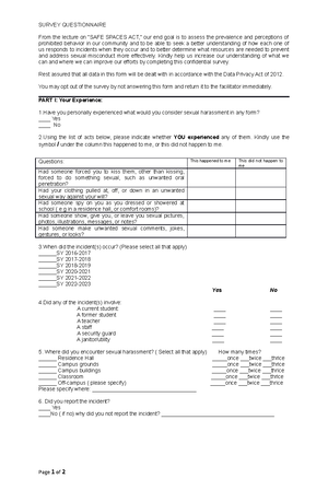 Safe Spaces Act Questionnaire - SURVEY QUESTIONNAIRE From the lecture on “SAFE SPACES ACT,” our ...