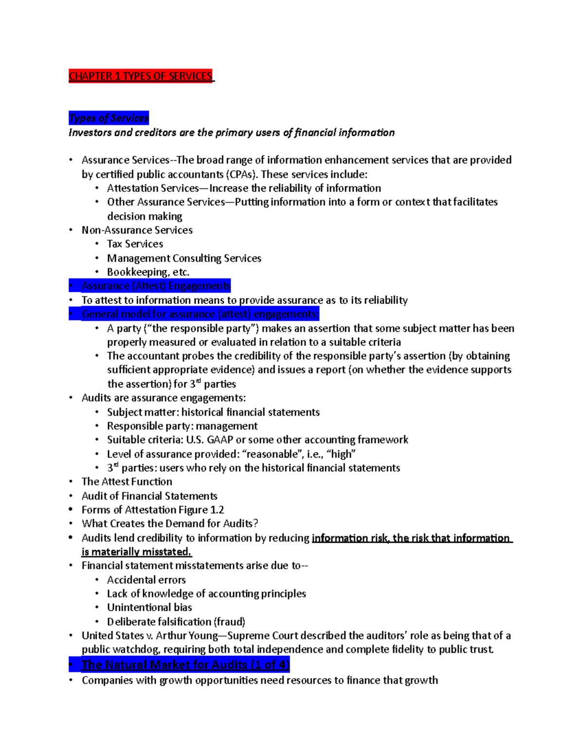 Audit TEST 1 - Notes - CHAPTER 1 TYPES OF SERVICES Types of Services ...