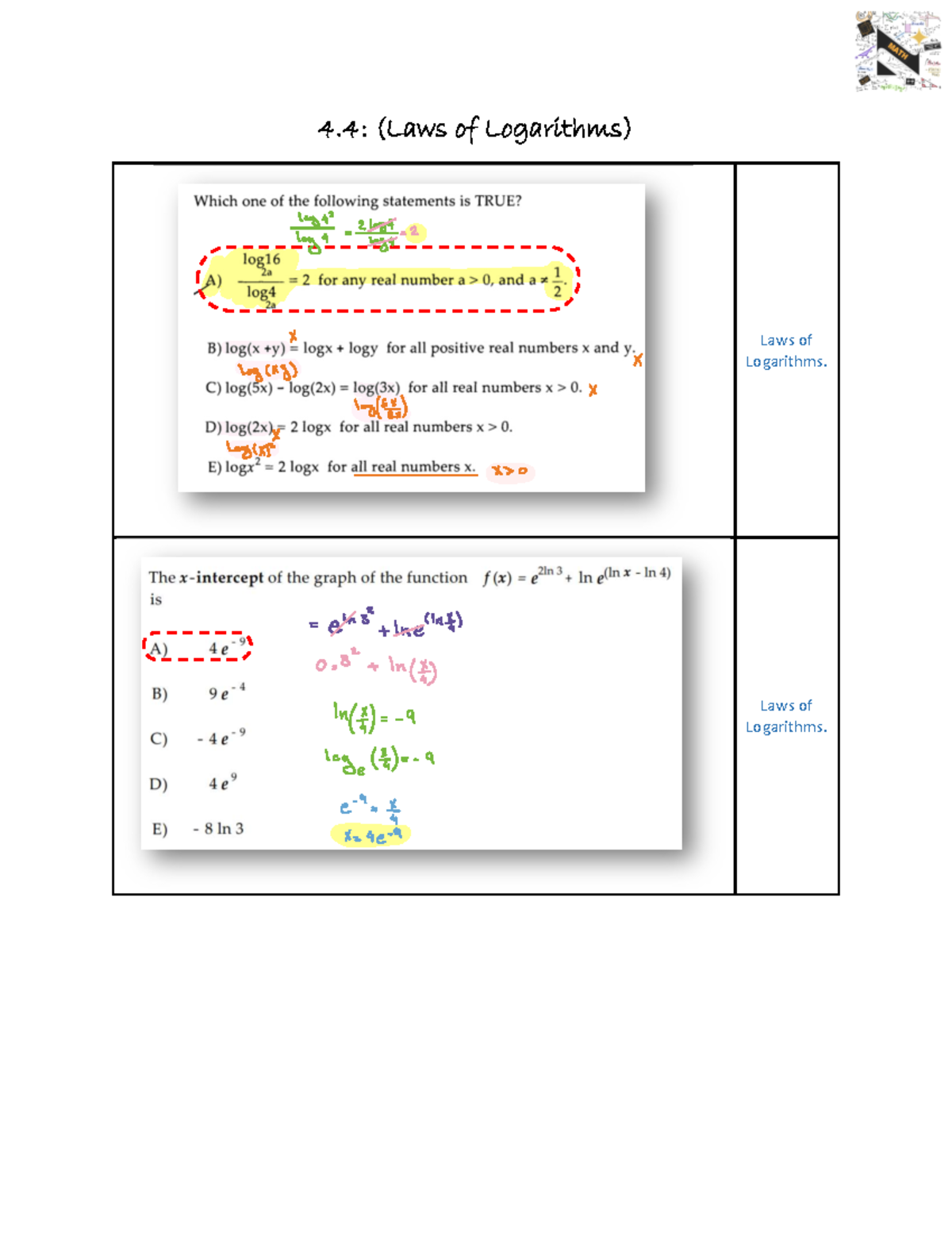 4 - old exam - 4 : (Laws of Logarithms) Laws of Logarithms. Laws of ...