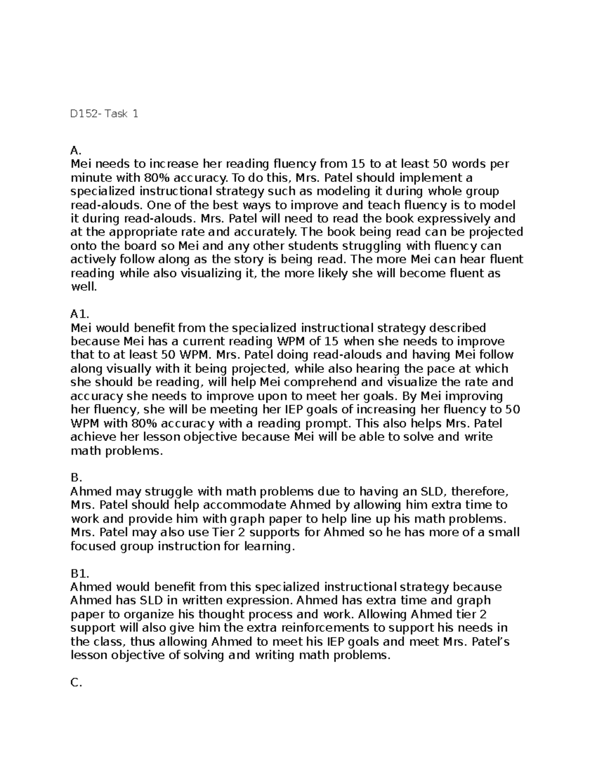 Inclusive Classroom-Task 1 - D152- Task 1 A. Mei needs to increase her ...