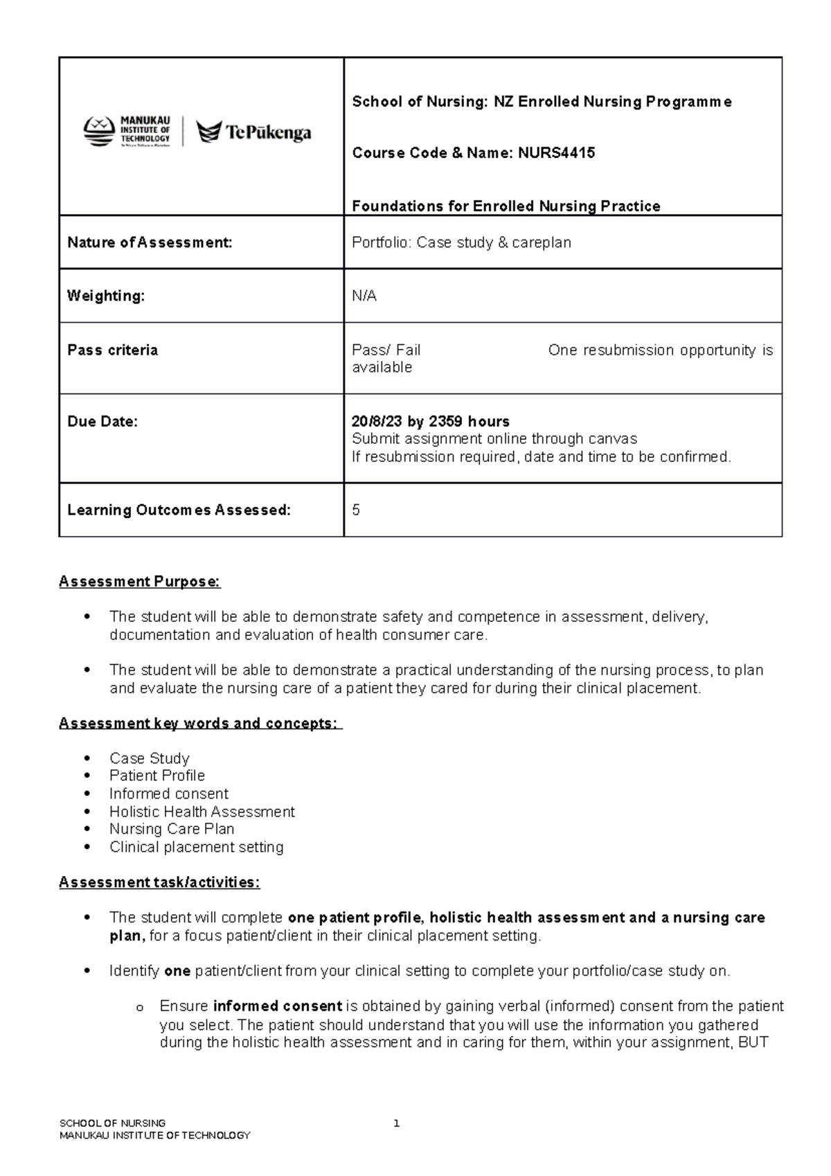 Assignment NURS4415 with rubric-final-1-2 - School of Nursing: NZ ...