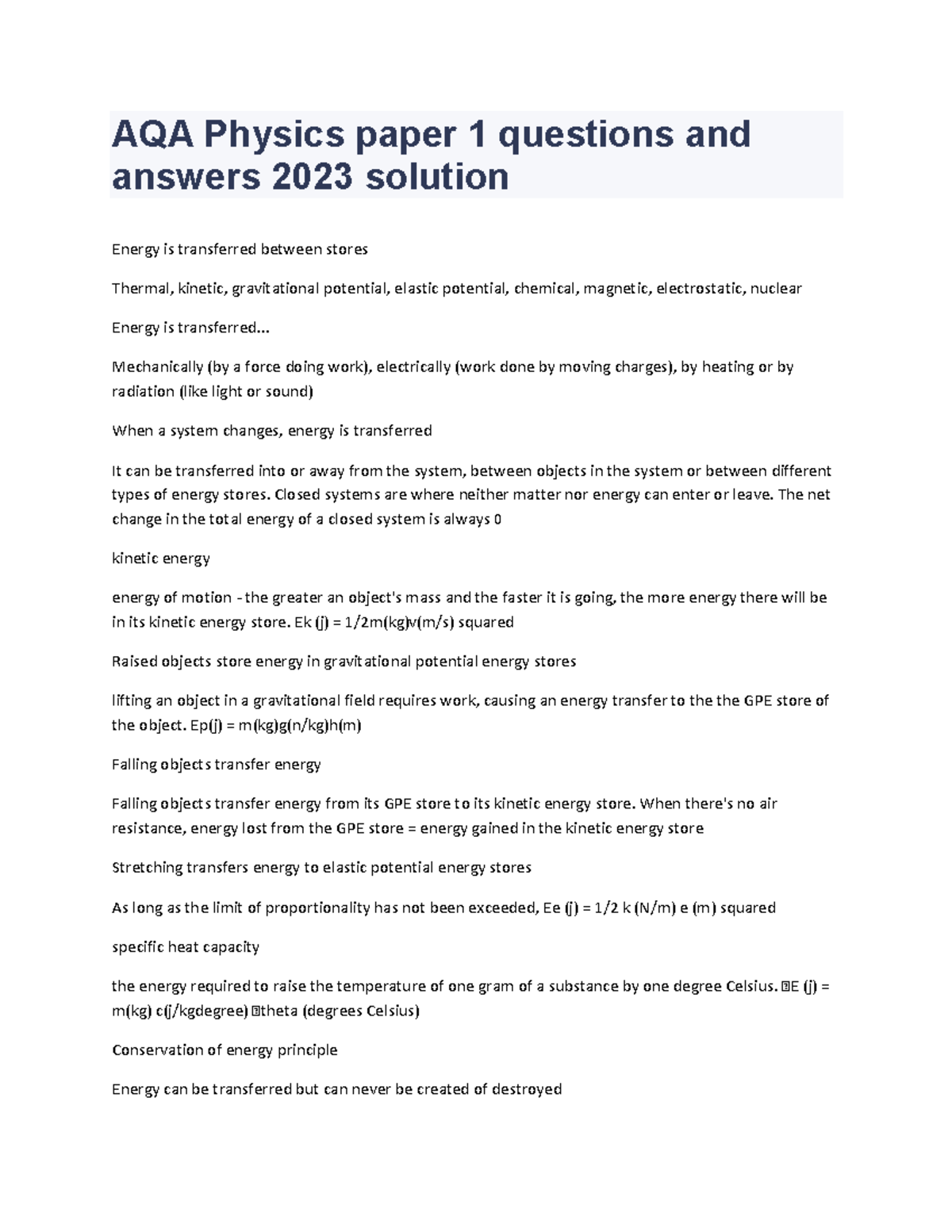 AQA Physics paper 1 questions and answers 2023 solution - AQA Physics ...