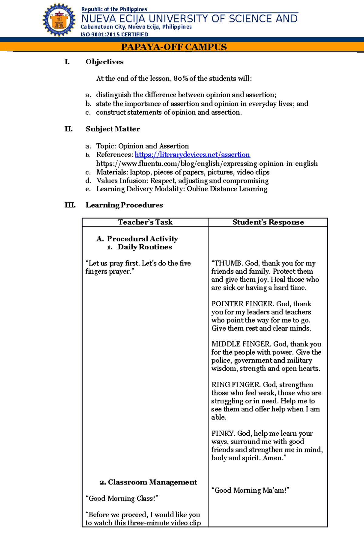 LP Detailed 1 - LESSON PLAN FOR PRACTICUM DEVELOPMENT OF TEACHERS - I ...