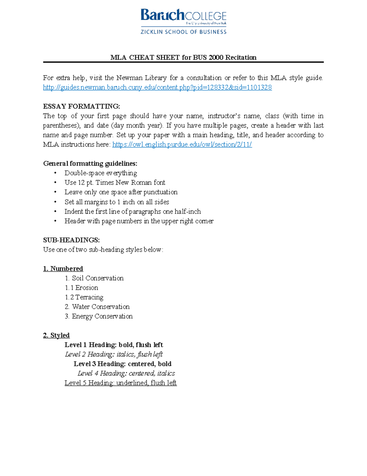 MLA Cheat Sheet - MLA CHEAT SHEET for BUS 2000 Recitation For extra ...