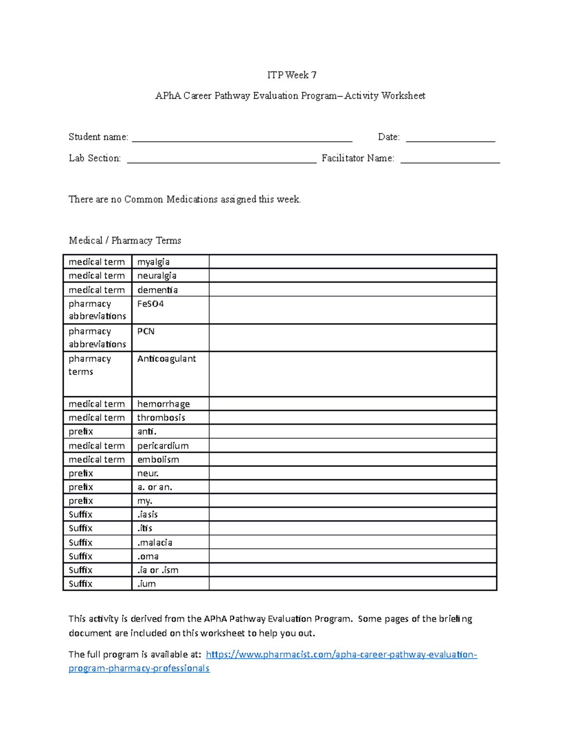 ITP for activity worksheet pg 1 2020 - ITP Week 7 APhA Career Pathway ...