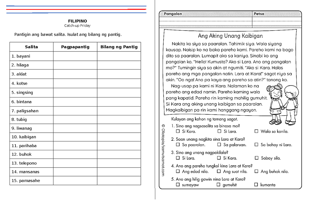 Worksheets - FILIPINO Catch-up Friday Pantigin ang bawat salita. Isulat ang bilang ng pantig ...