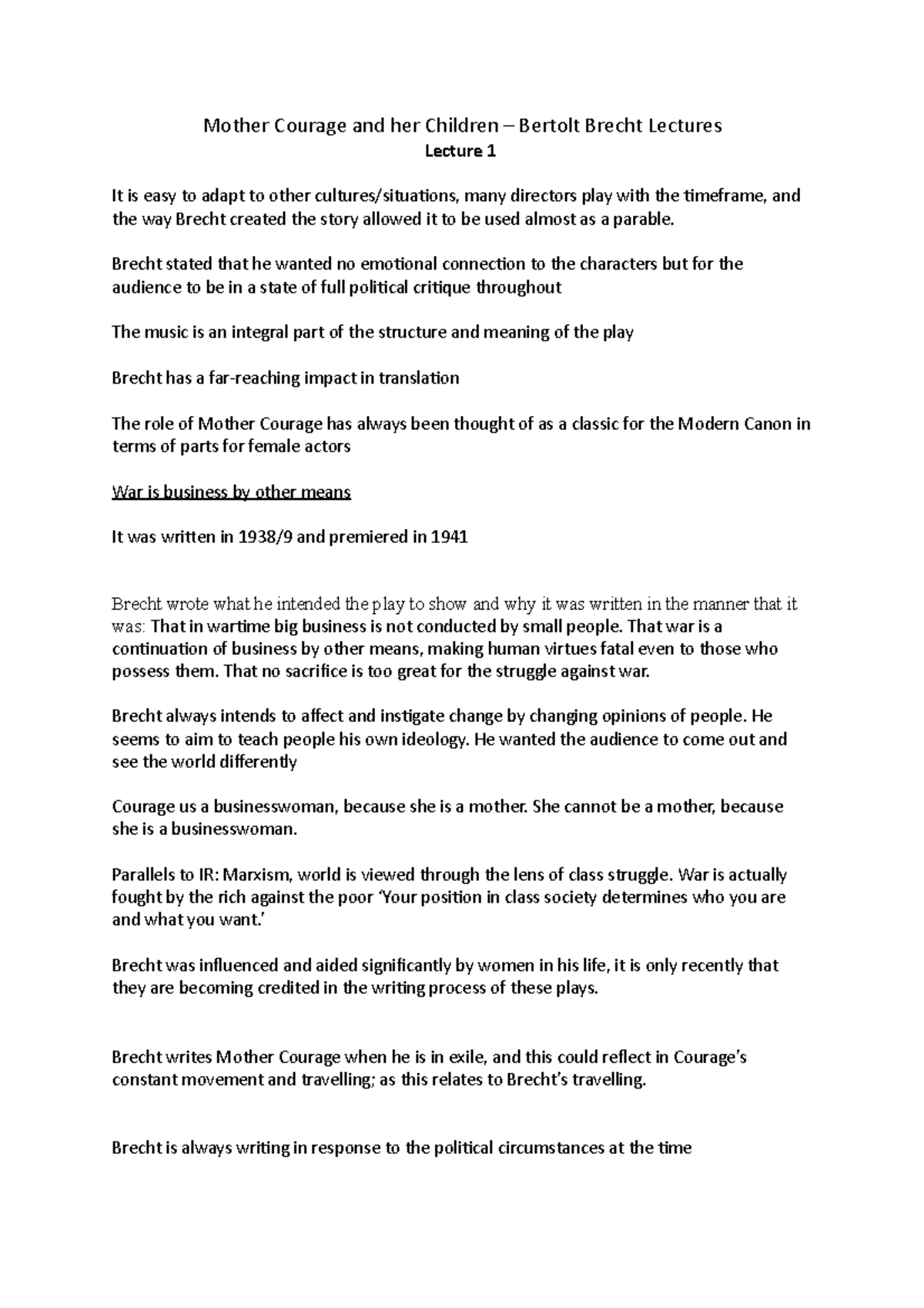Mother Courage and her Children - CO1002 - St Andrews - Studocu