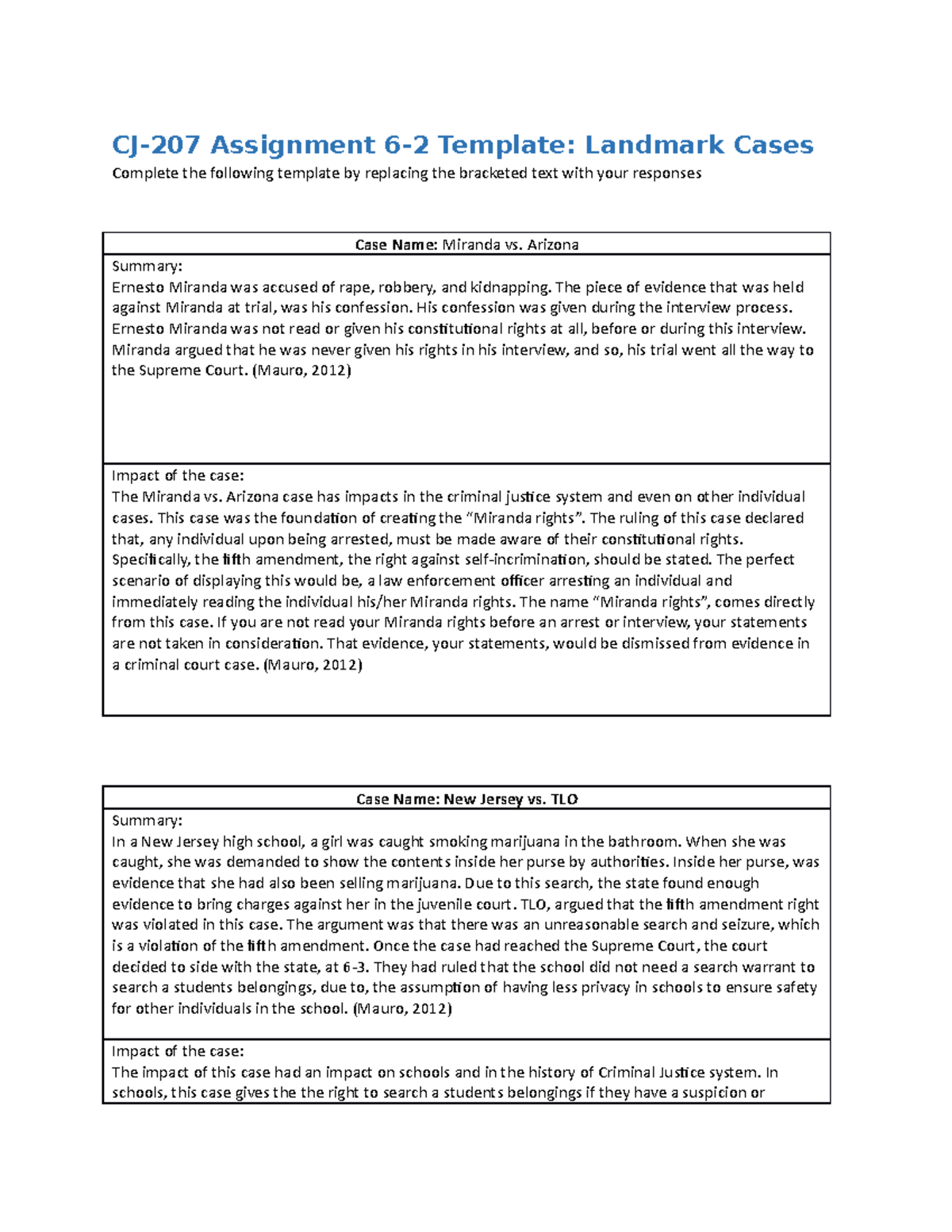 CJ-207 Assignment 6-2 Template copy - CJ-207 Assignment 6-2 Template: Landmark Cases Complete ...