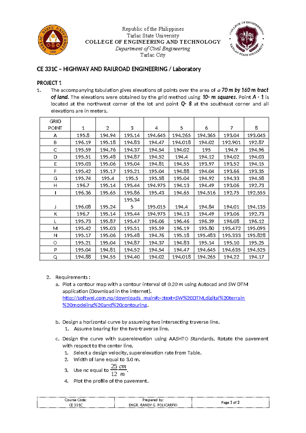Project 1 BSCE3B-2024 - 1. The accompanying tabulation gives elevations ...
