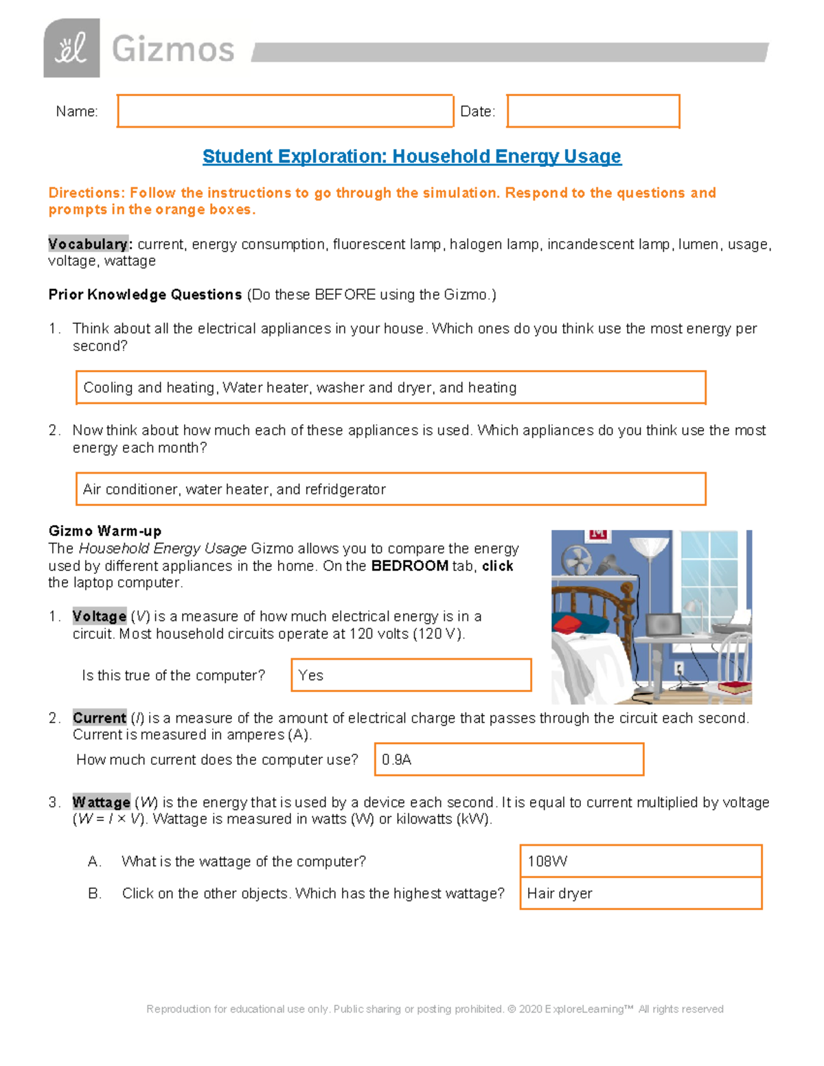 Gizmos Household Energy SE - Name: Date: Student Exploration: Household ...