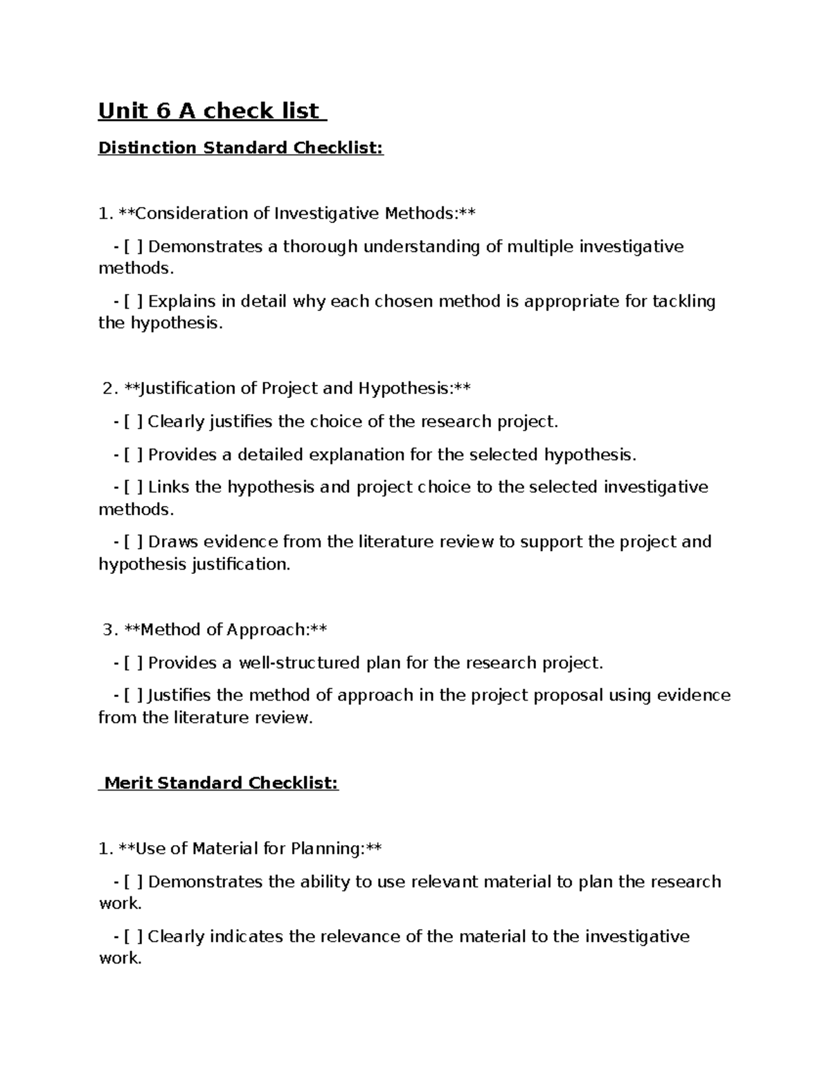 Distinction Standard Checklist - Unit 6 A check list Distinction ...