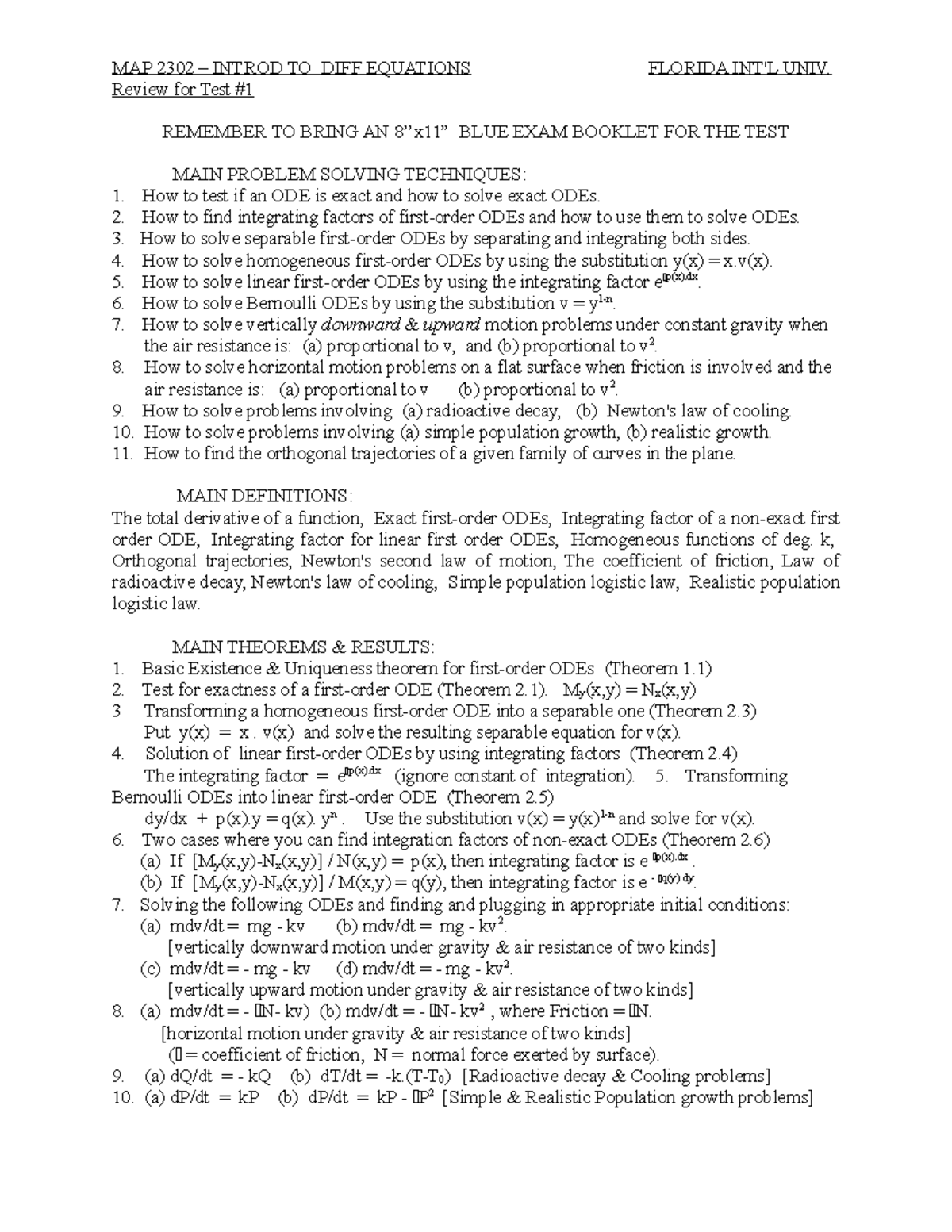 MAP 2302 RV1 - Review 1 - MAP 2302 – INTROD TO DIFF EQUATIONS FLORIDA ...