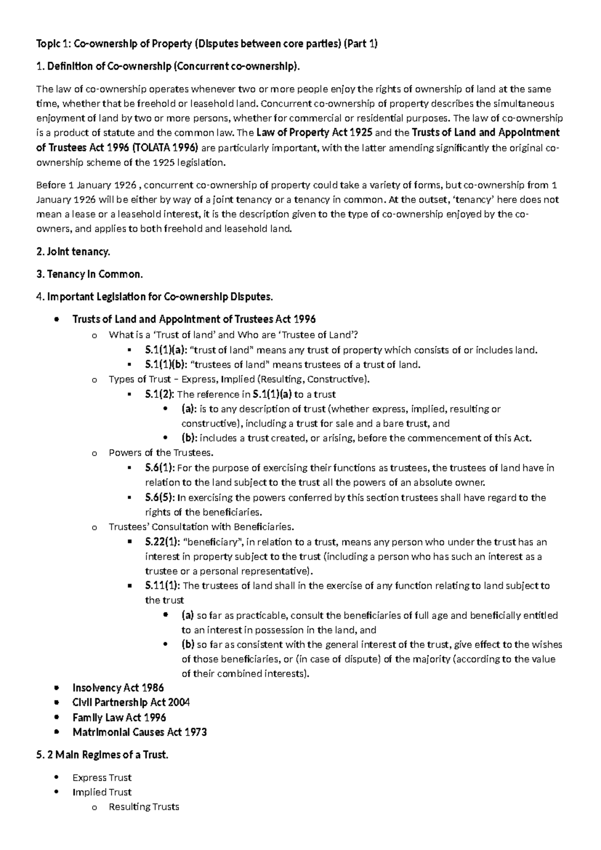 Topic 1 Co-ownership - Topic 1: Co-ownership of Property (Disputes ...