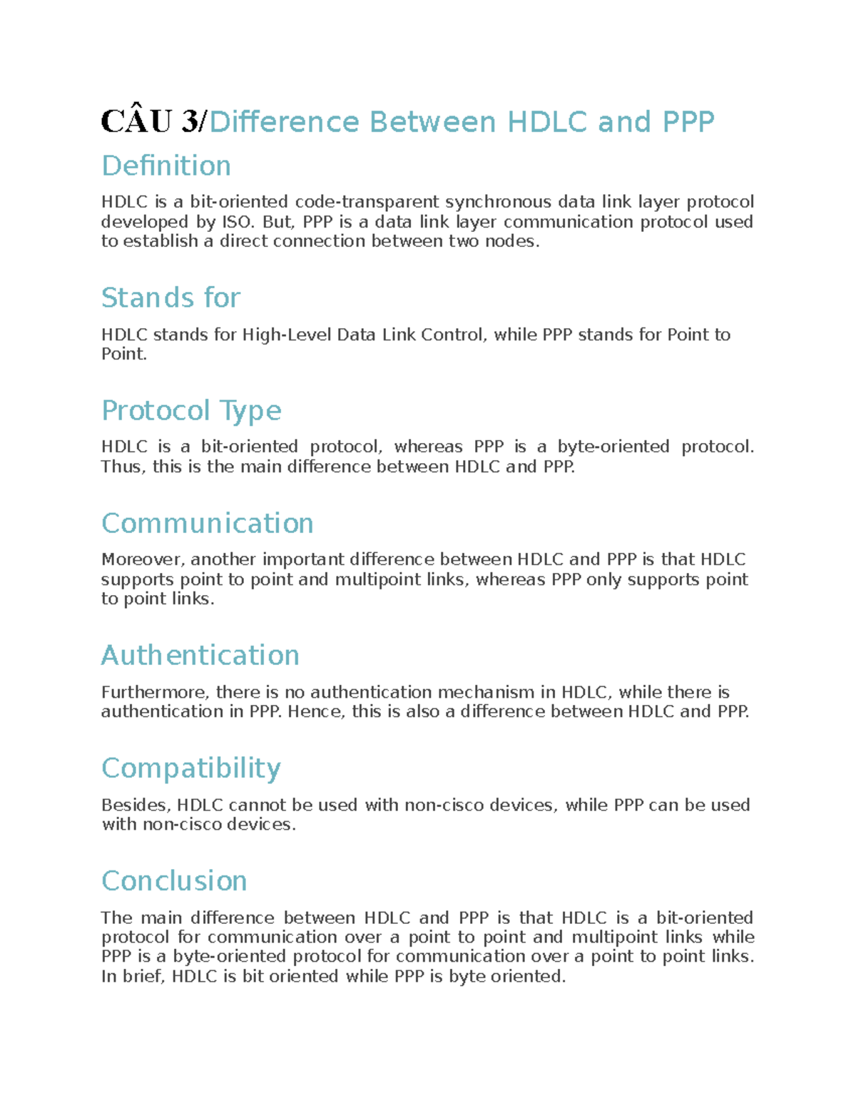 Dap an nwc203c FALL 2022 - CÂU 3/Difference Between HDLC and PPP Definition HDLC is a bit ...