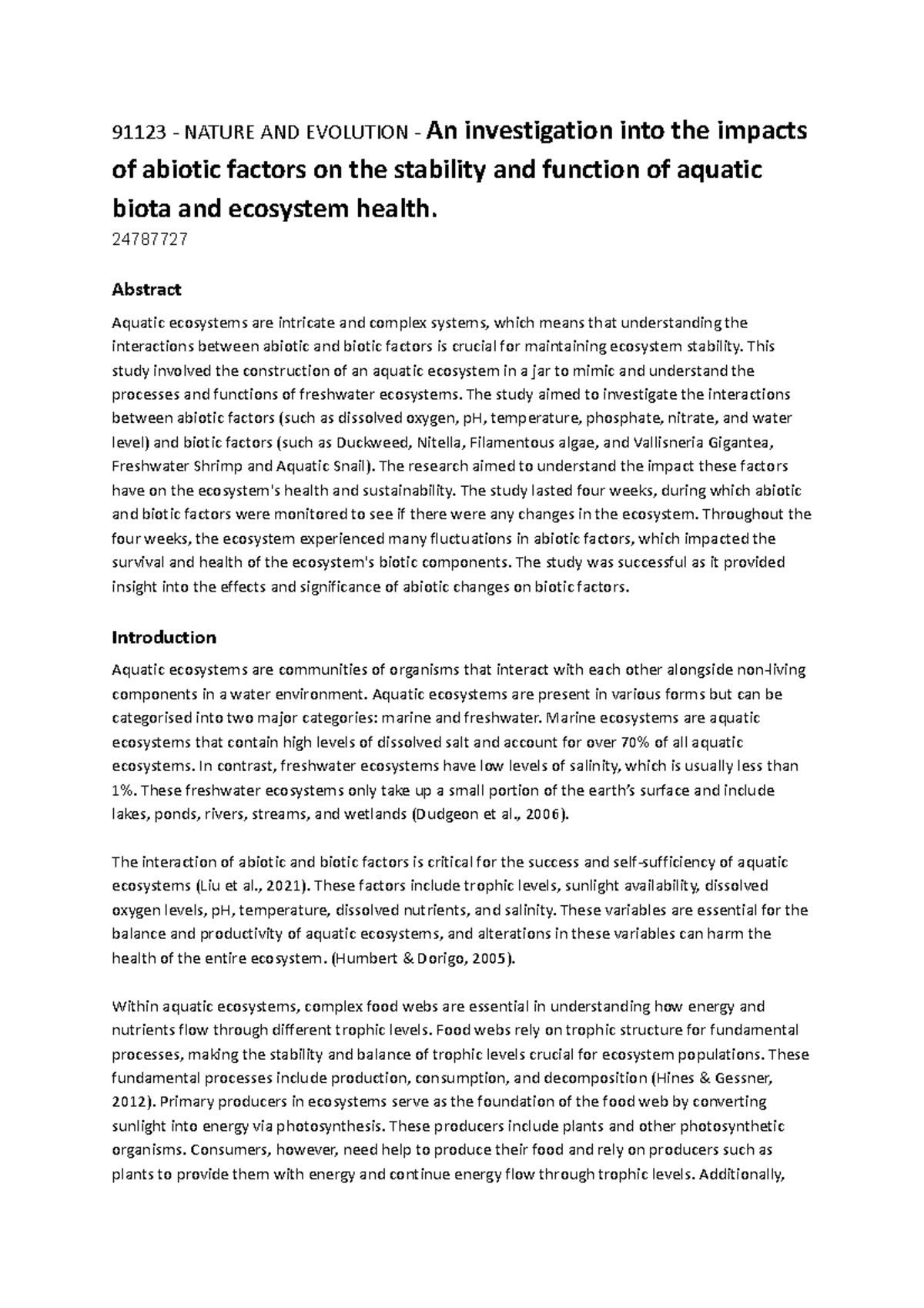 Ecosystem in a bottle report - Inquiry Report - 91123 - NATURE AND ...