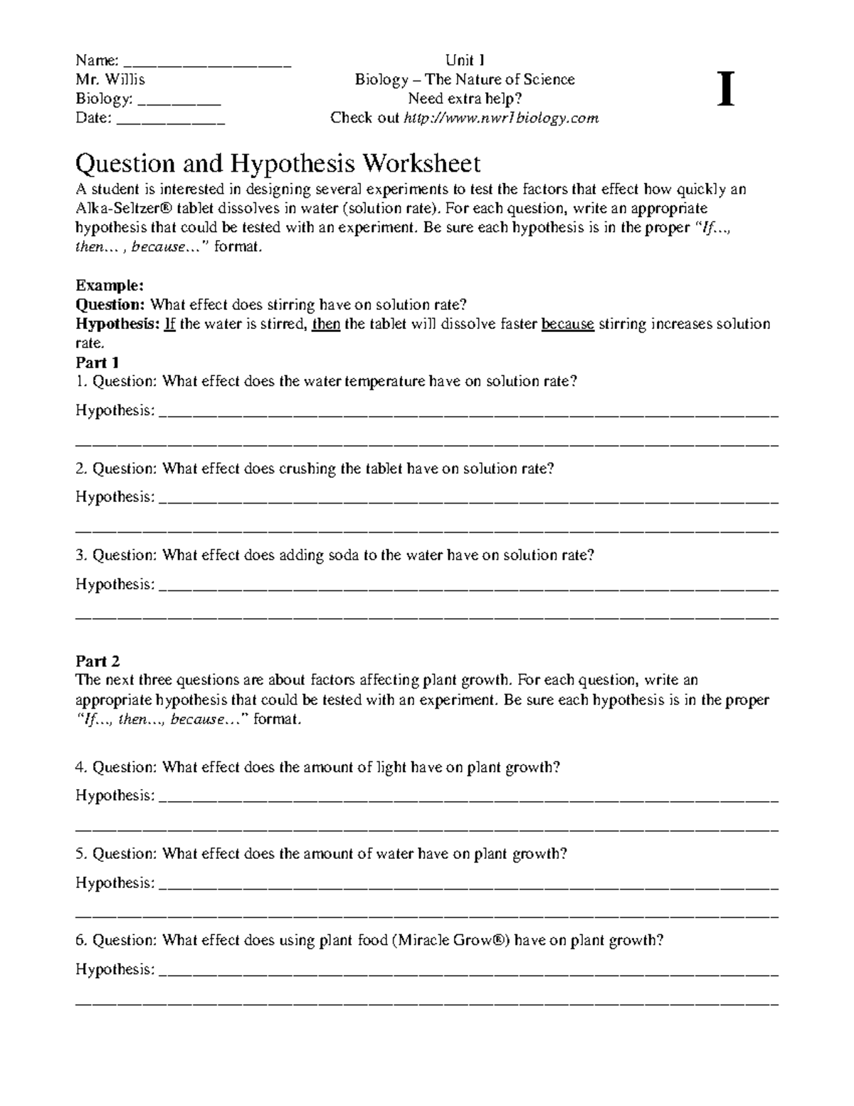 Hypothisis Worksheet Day 2 - Name: ____________________ Unit I Mr ...