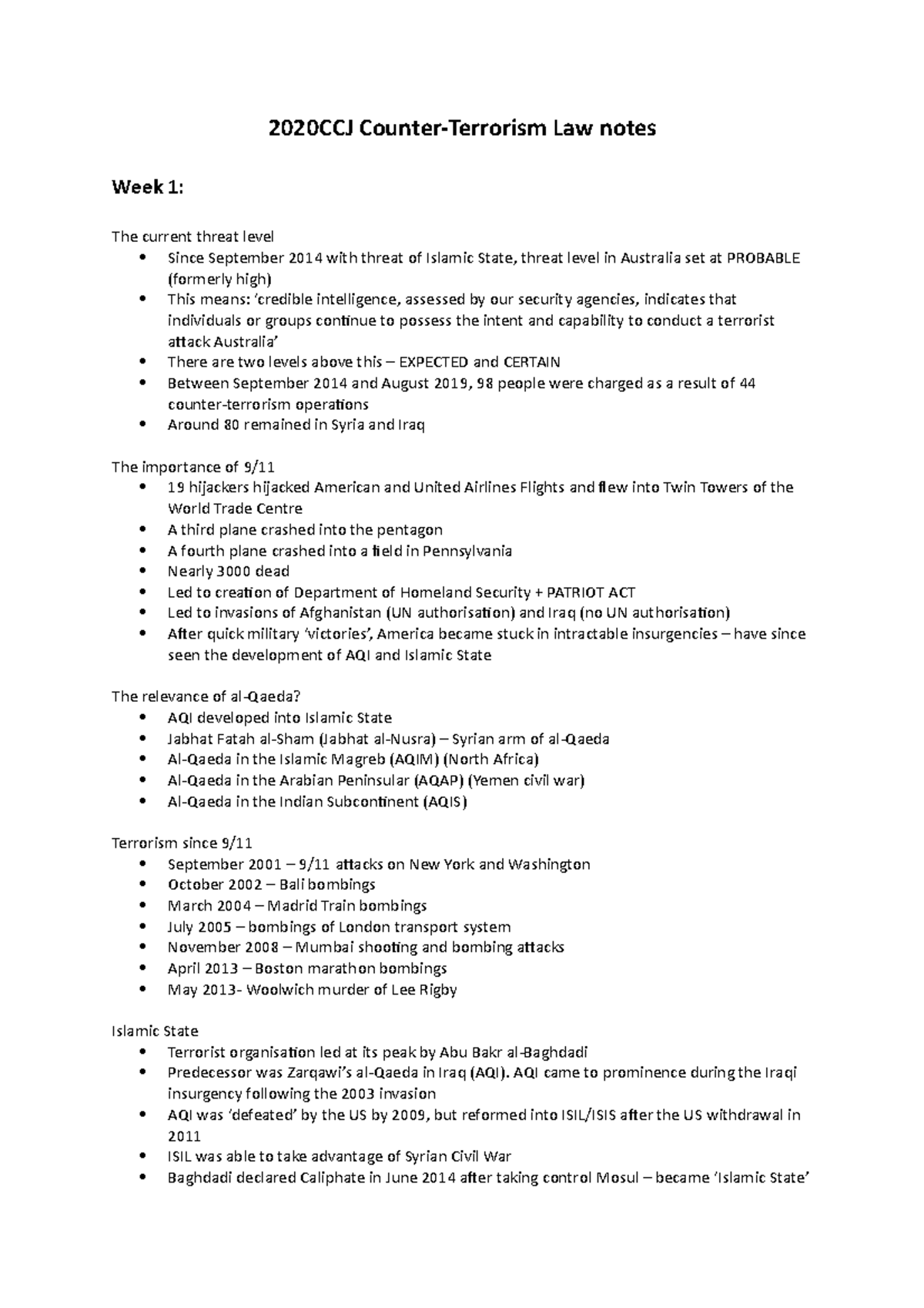 2020CCJ CTL notes - 2020CCJ Counter-Terrorism Law notes Week 1: The ...