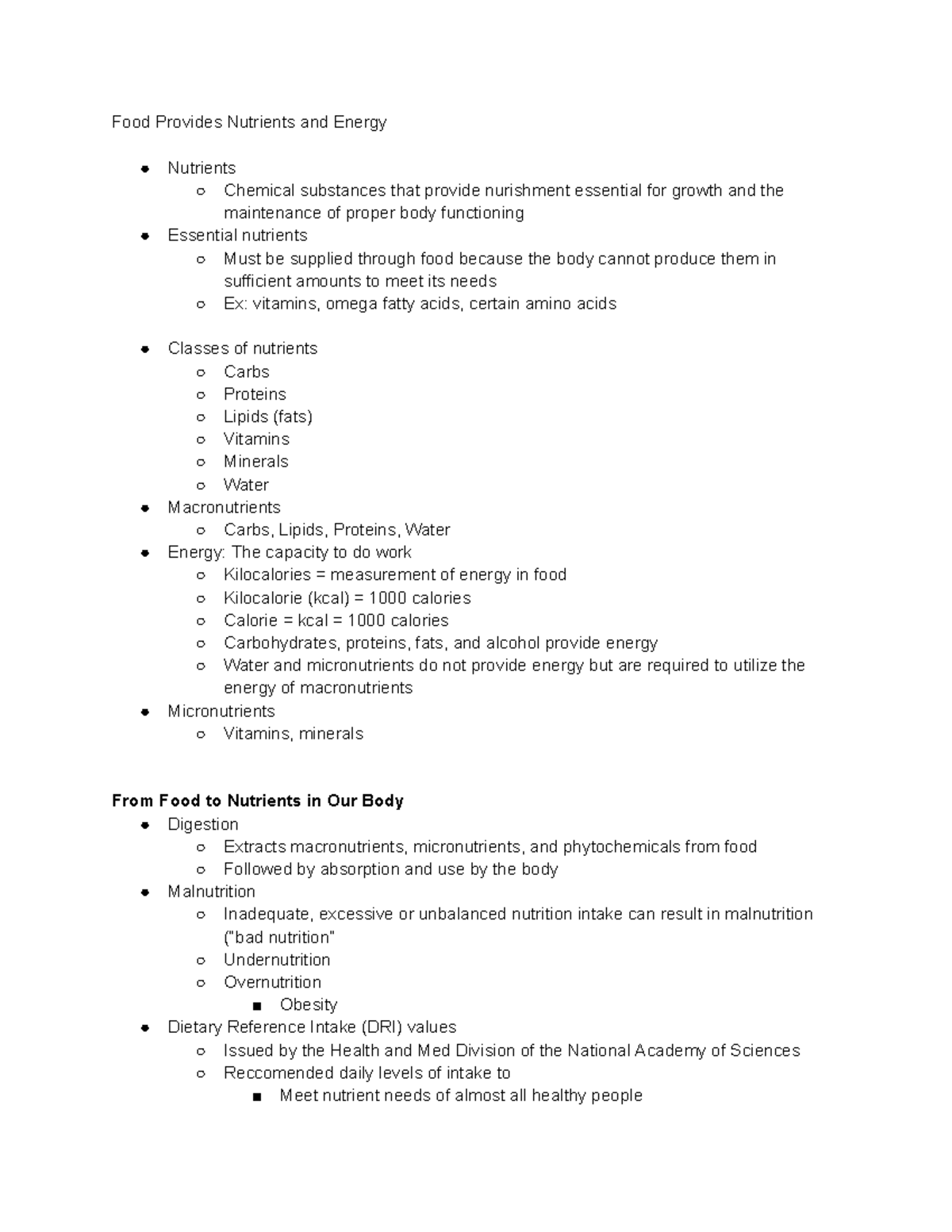 Nutrition notes - Food Provides Nutrients and Energy Nutrients Chemical ...
