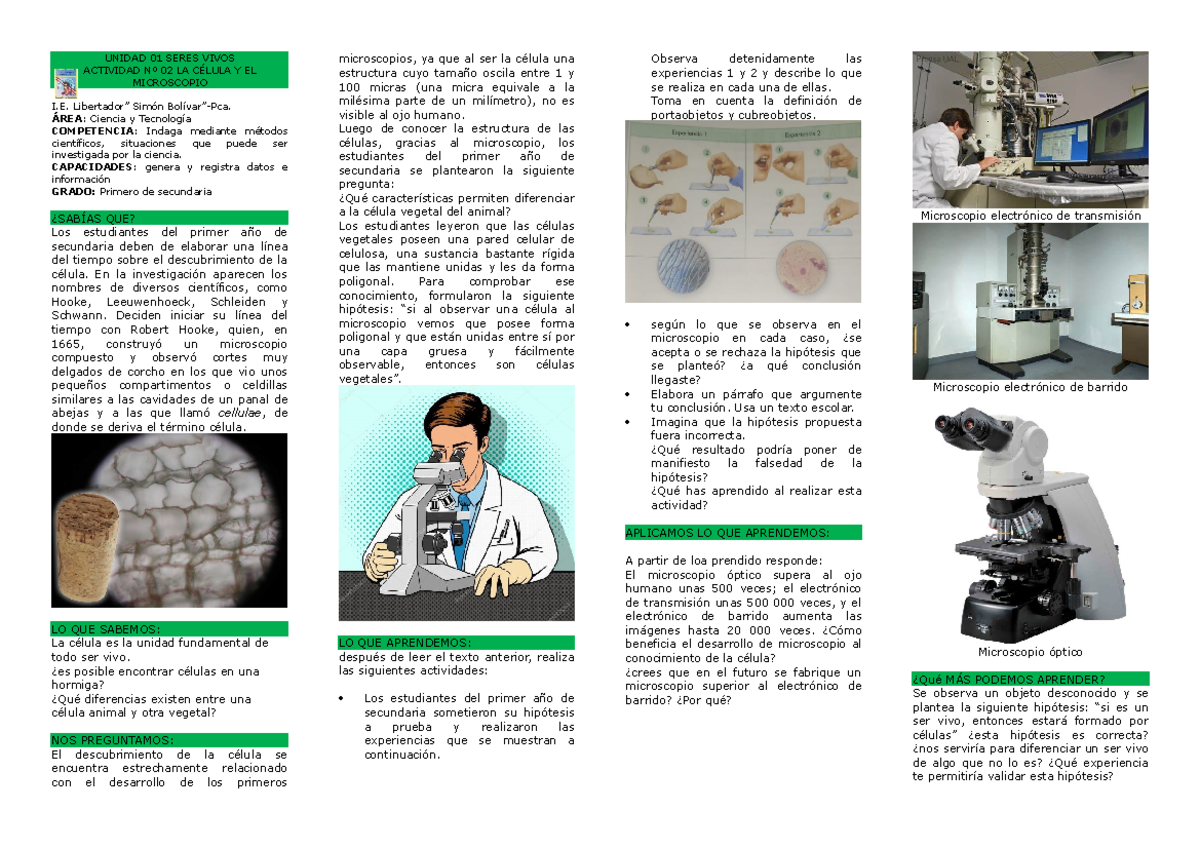 Actividad 02 primero secundaria - UNIDAD 01 SERES VIVOS ACTIVIDAD Nº 02 ...